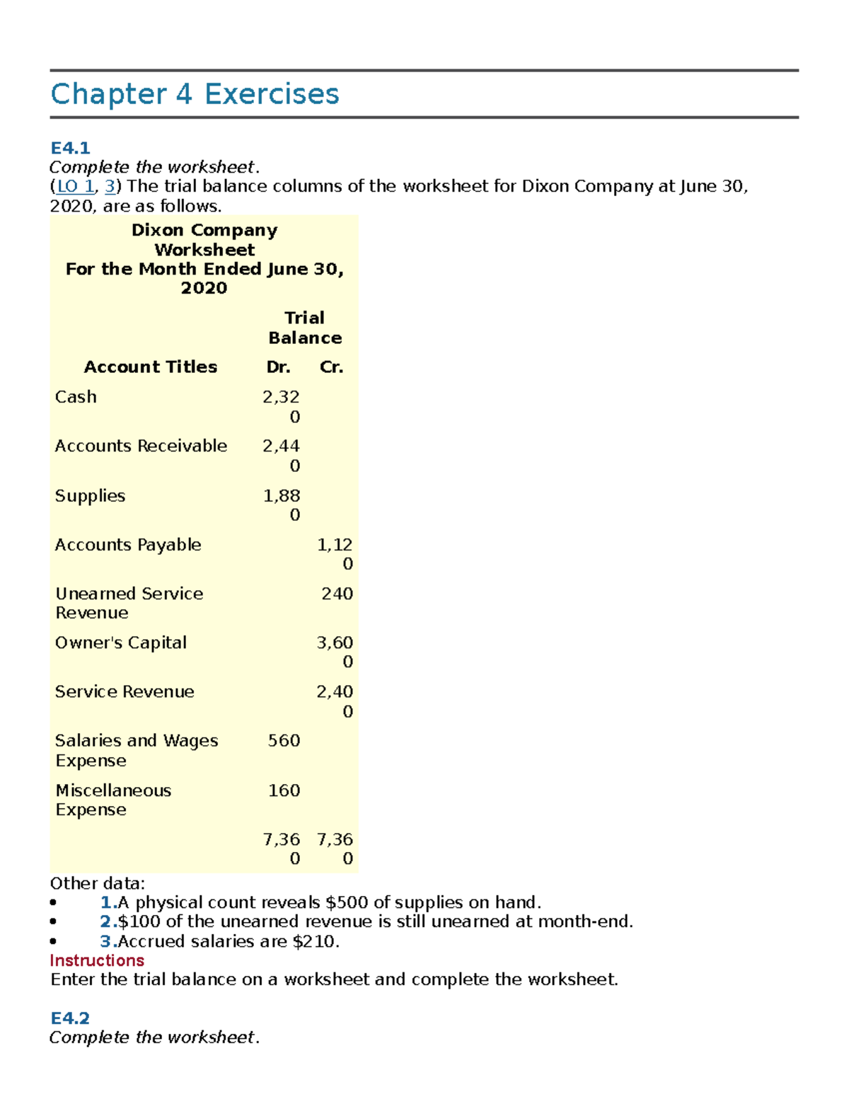 Chapter 4 Exercise - practice E4-2 - Chapter 4 Exercises E4. Complete ...