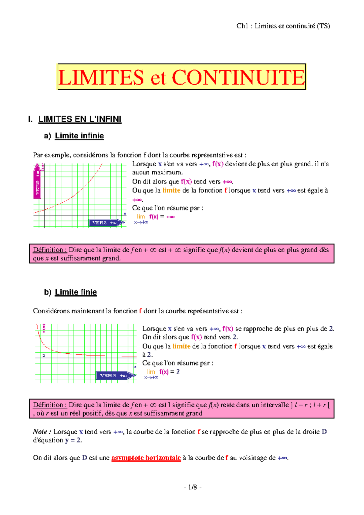 cours maths Limites de fonctions - LIMITES et CONTINUITE ####### I ...