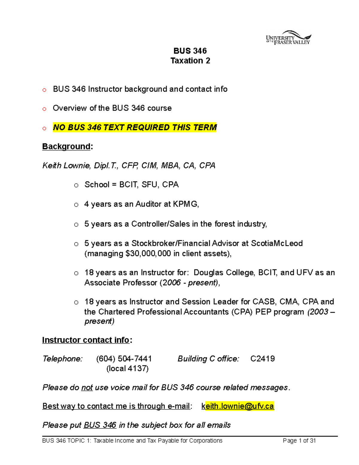 BUS 346 Topic 1 - Taxable Income and Tax Payable for Corporations - KL ...