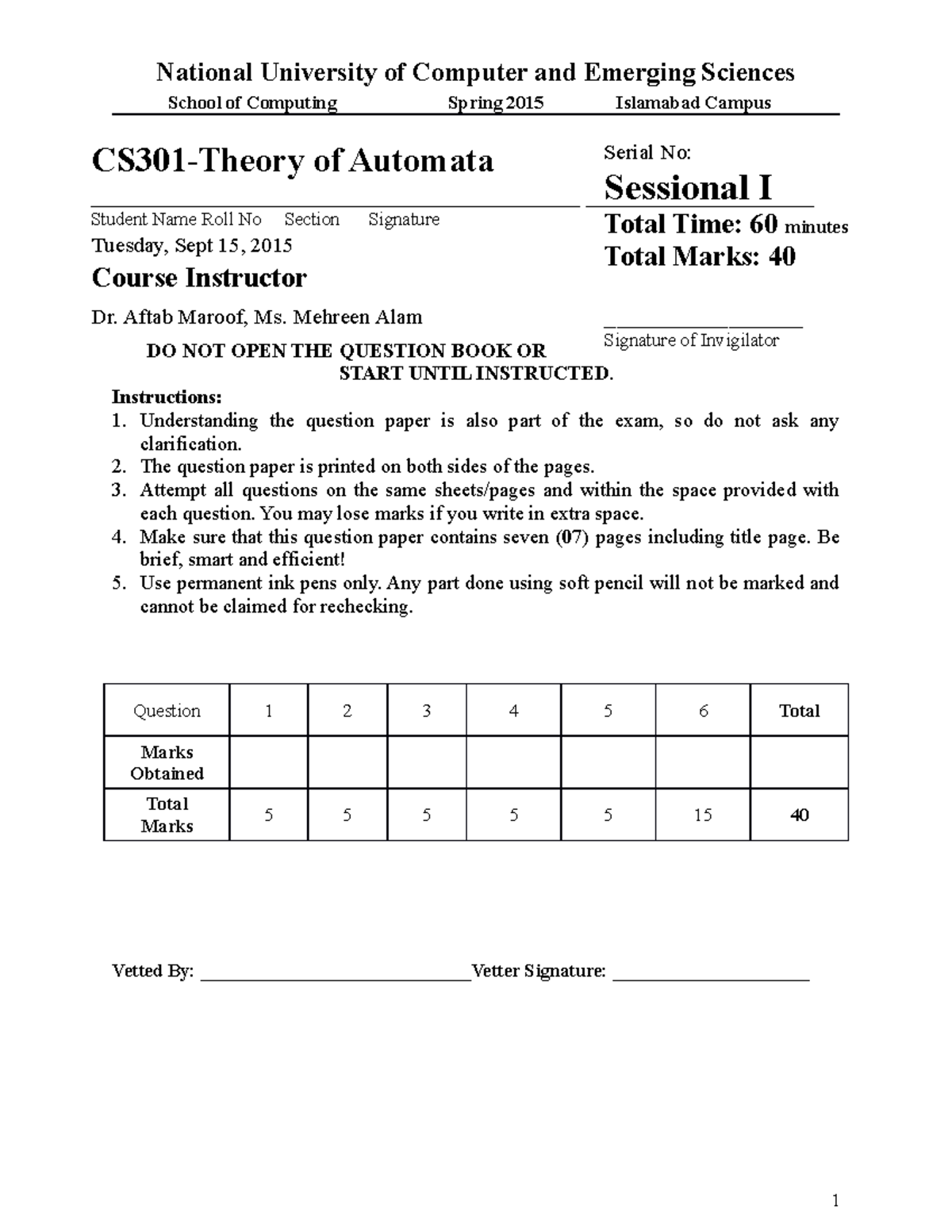 Exam 2015 - School of Computing Spring 2015 Islamabad Campus - Studocu