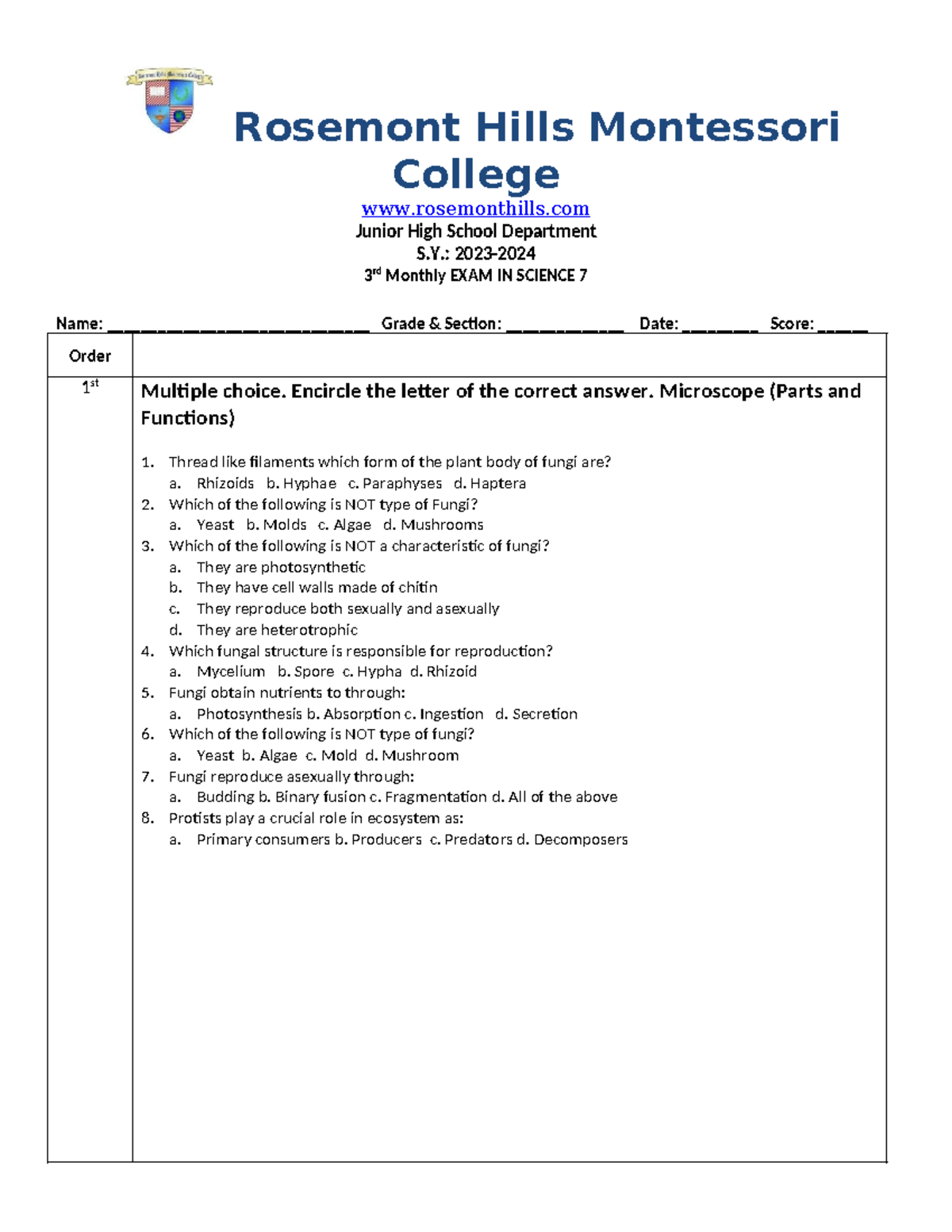 3rd monthly exam grade 7 Science - Rosemont Hills Montessori College ...