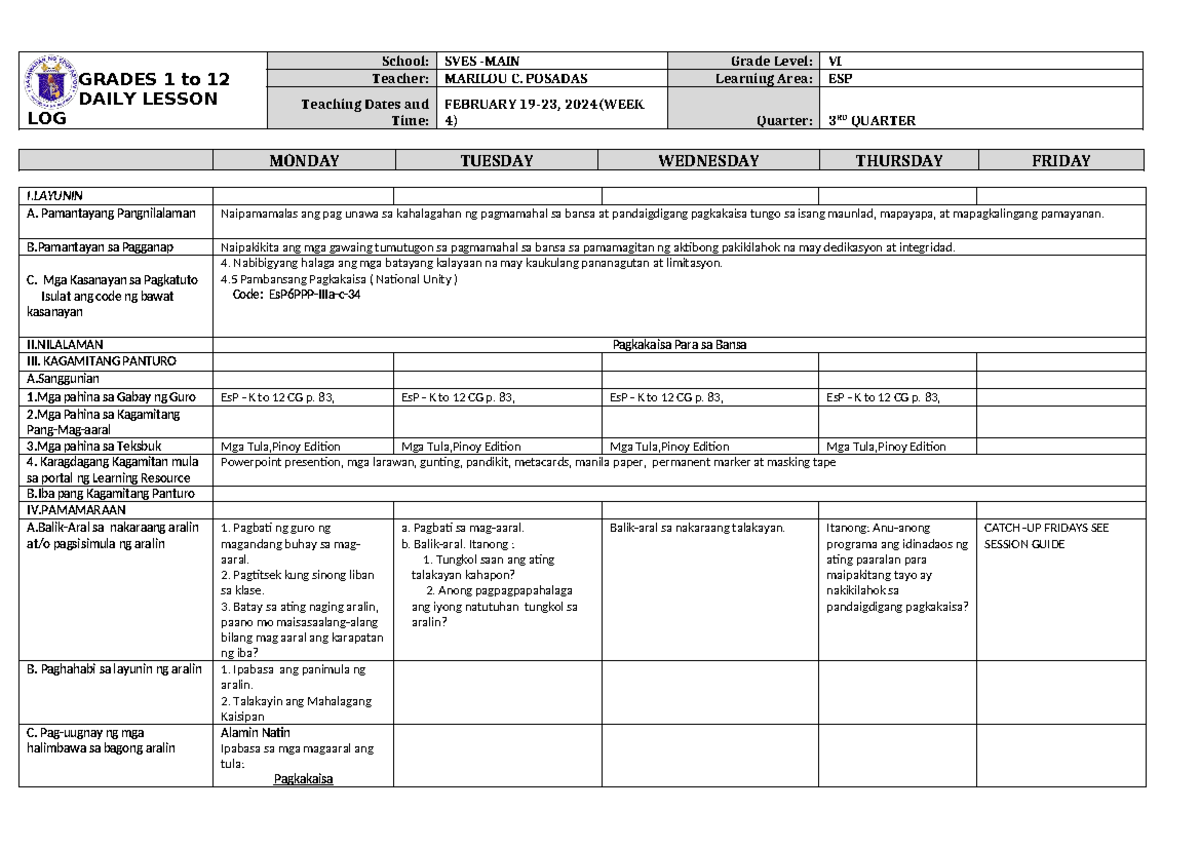 DLL ESP-6 Q3 W4 - asfasdasdsad - GRADES 1 to 12 DAILY LESSON LOG School ...