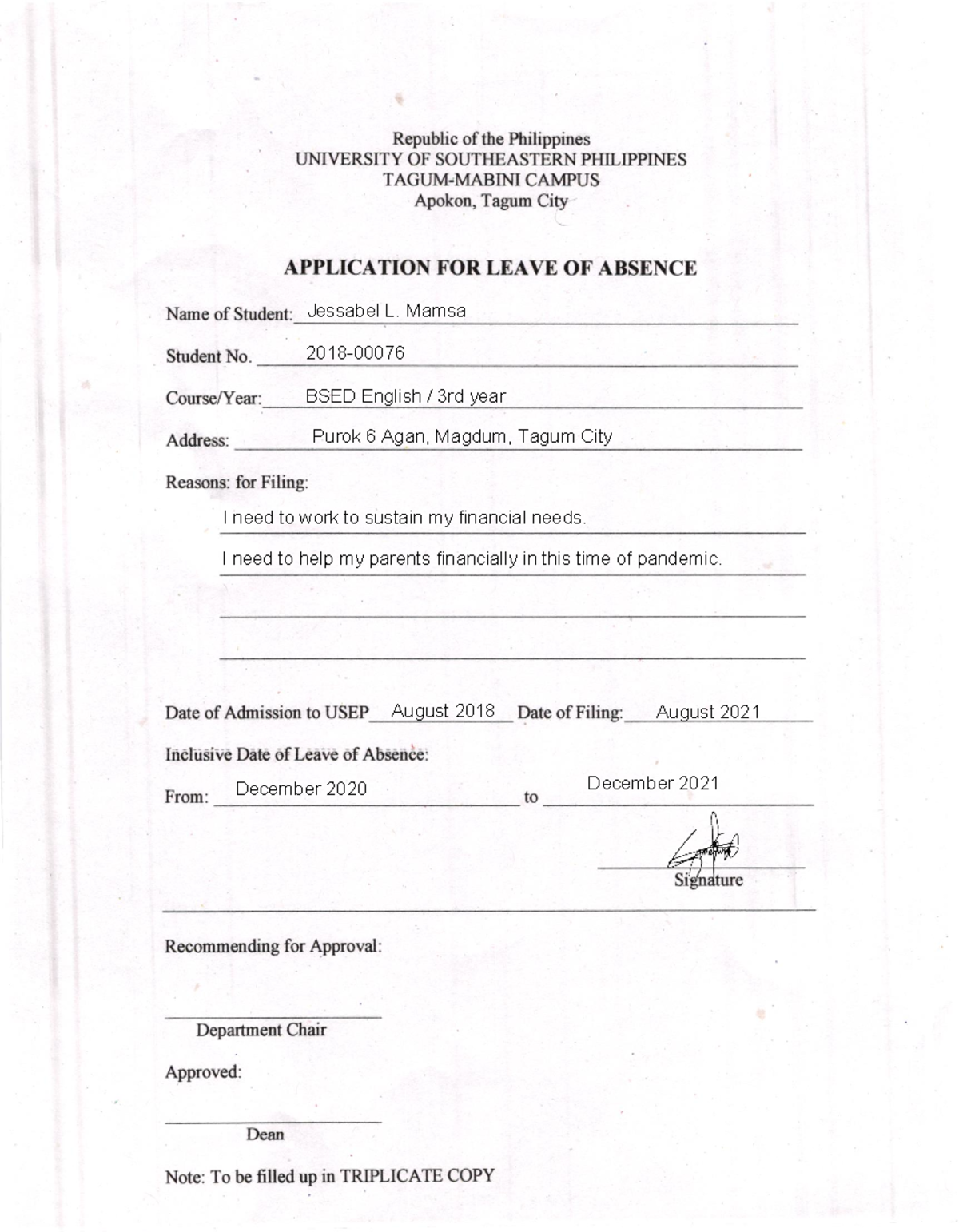 Application FOR Leave OF Absence - ll Republic of the Philippines UMVERSITY OF SOUT}IEASTERN ...