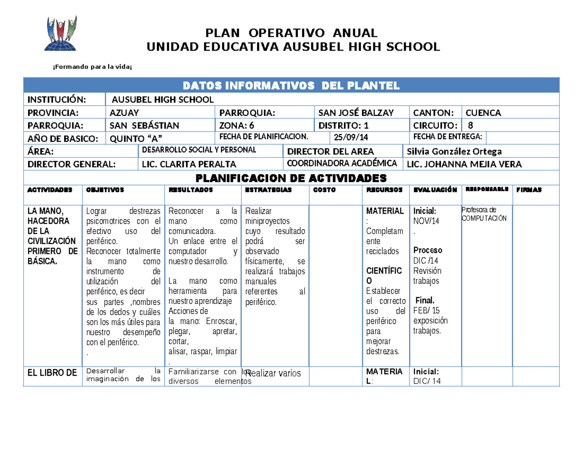 POA - POA - UNIDAD EDUCATIVA AUSUBEL HIGH SCHOOL ¡Formando para la vida ...