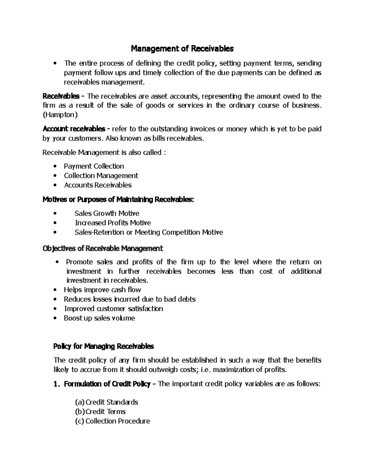 Receivables Management - Management of Receivables The entire process ...