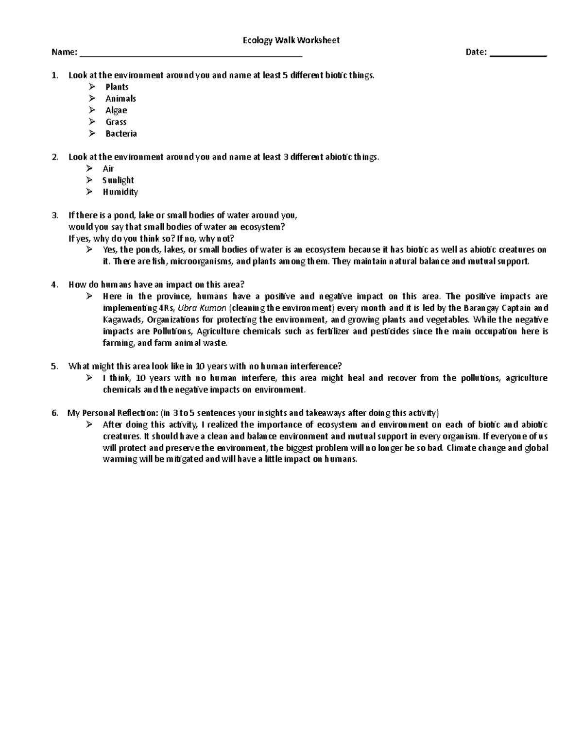 Ecology-Walk-Worksheet - Ecology Walk Worksheet Name: - Studocu