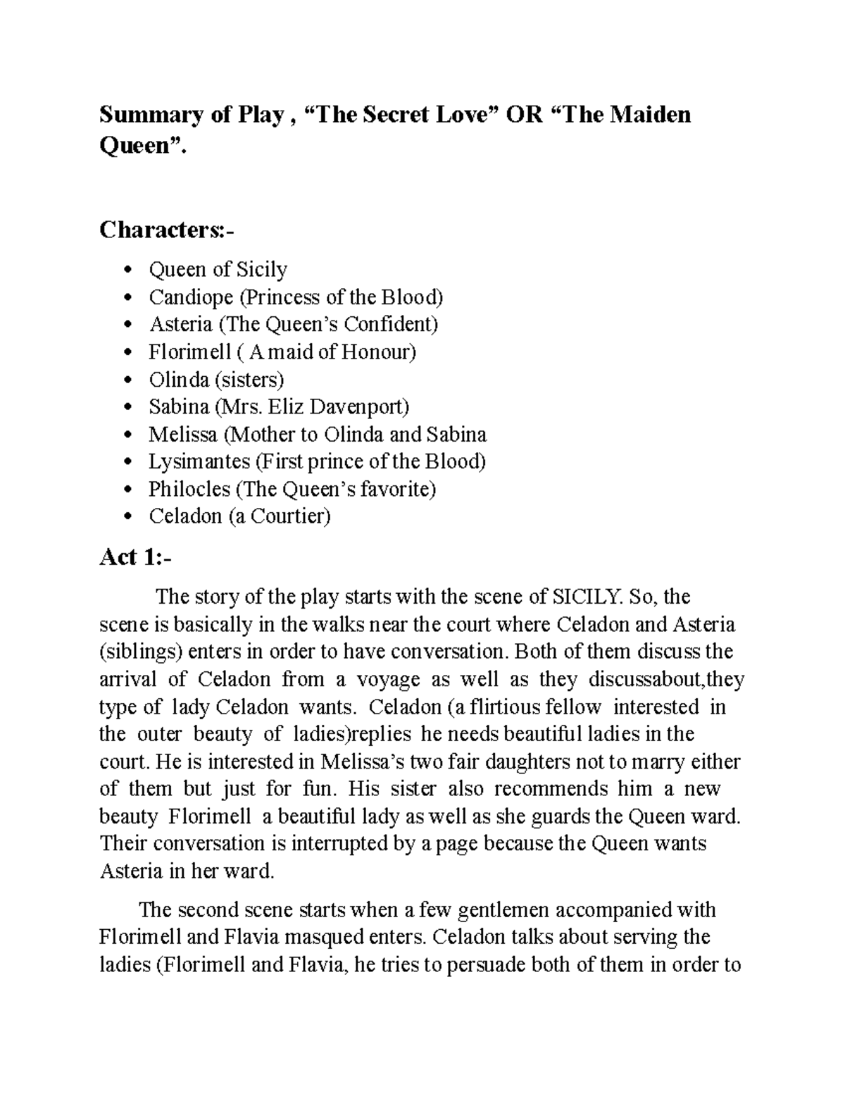 Summary of Play the secret love by John Dryden - Summary of Play , “The ...