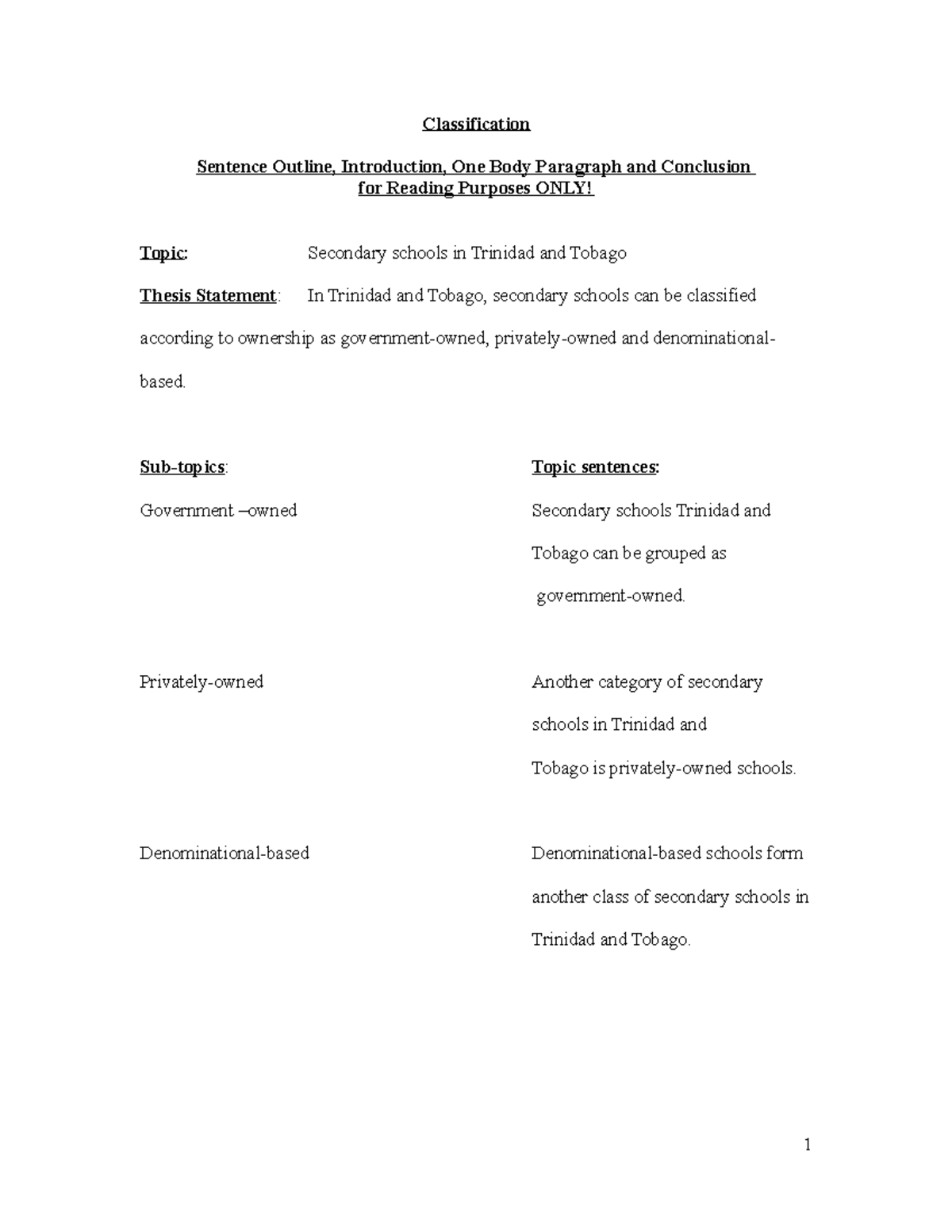 Classification - sentence outline and selected essay paragraphs ...