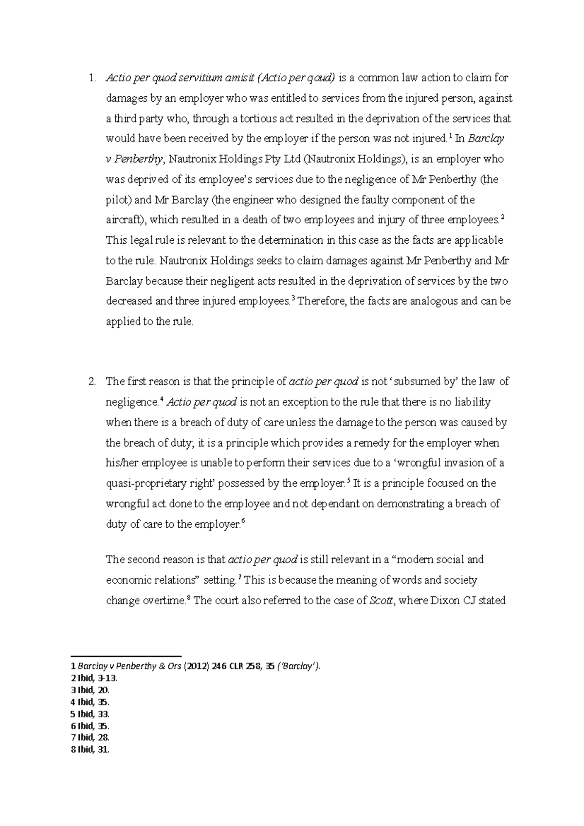 Legal Reasoning summative assessment - Actio per quod servitium amisit ...