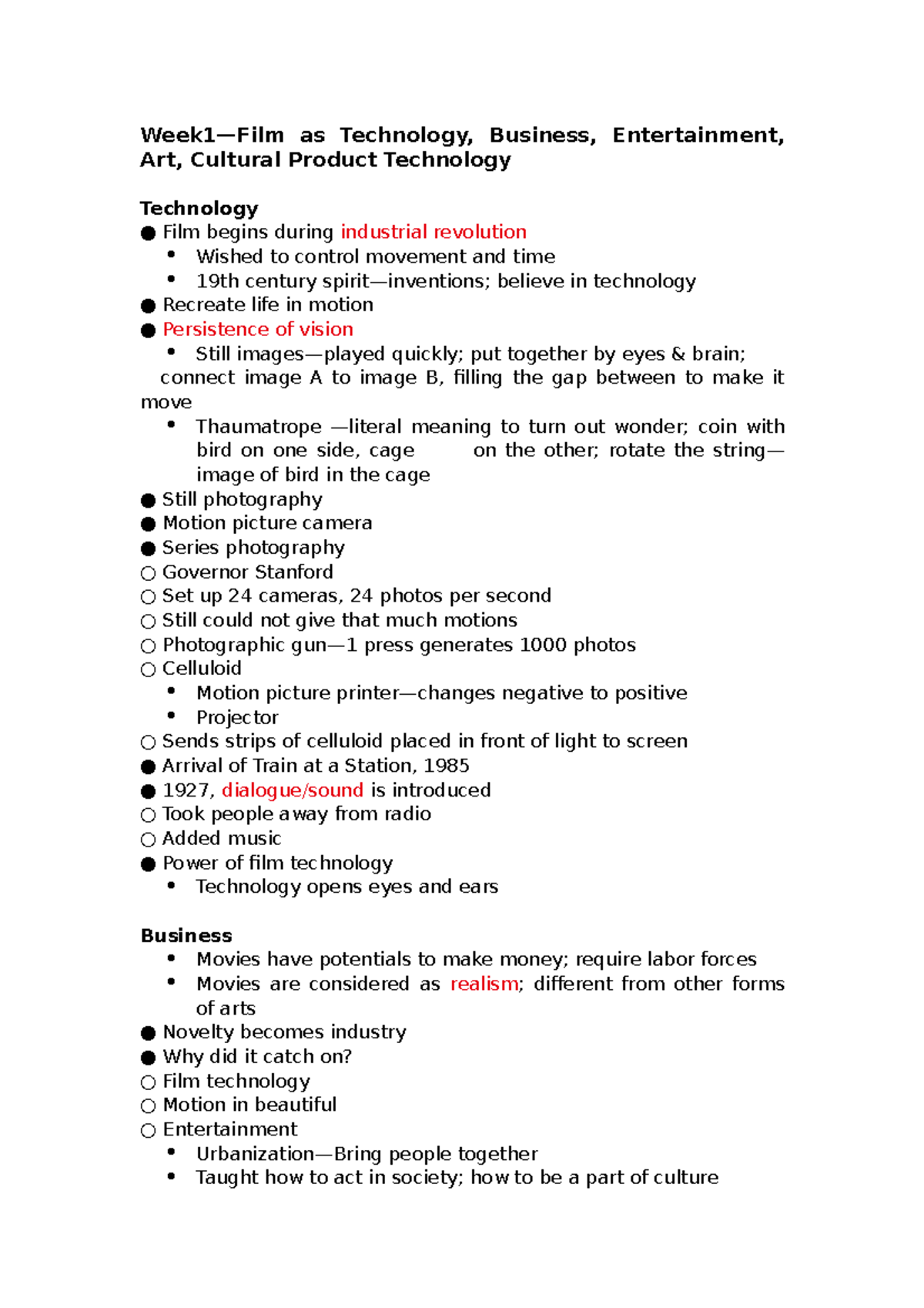 Week1+Week2 - Lecture notes 1,2 - Week1—Film as Technology, Business ...