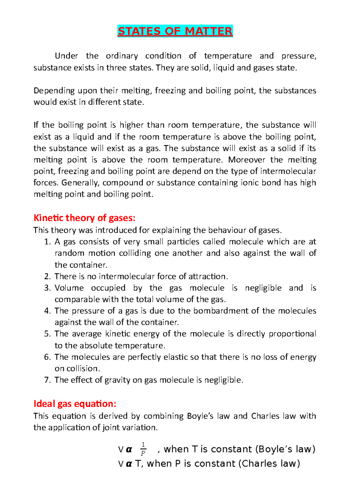 States OF Matter - Concepts of ideal gas. - STATES OF MATTER Under the ...