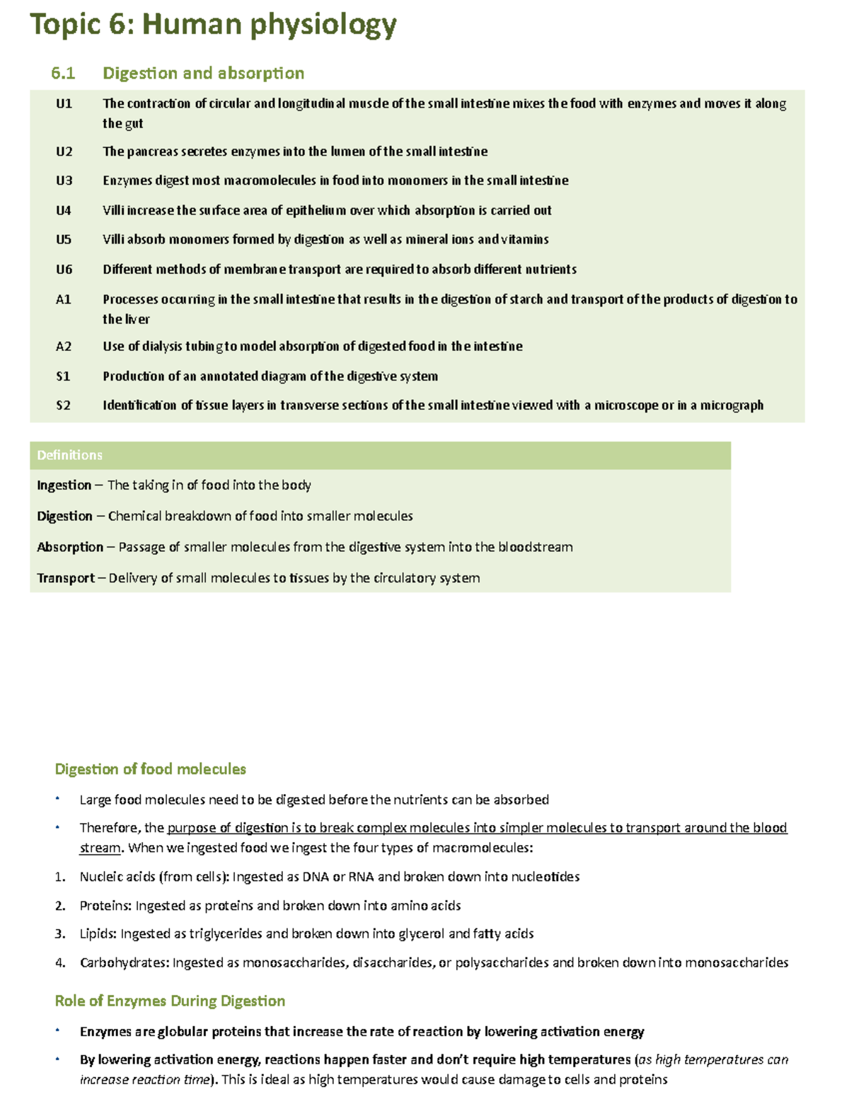 6. physiology - Topic 6: Human physiology Diges 5 on of food molecules ...
