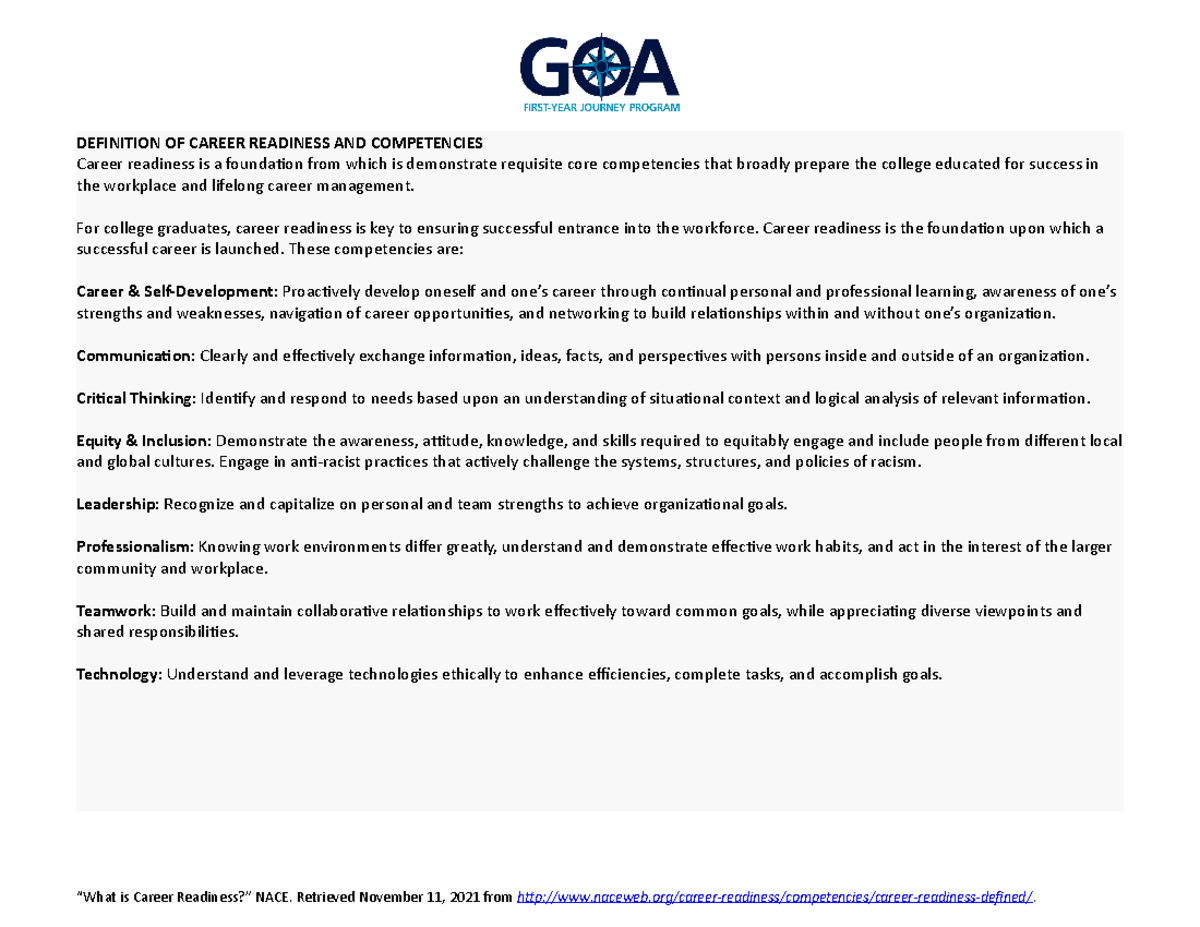 NACE Career Competencies Worksheet 2022 - DEFINITION OF CAREER ...