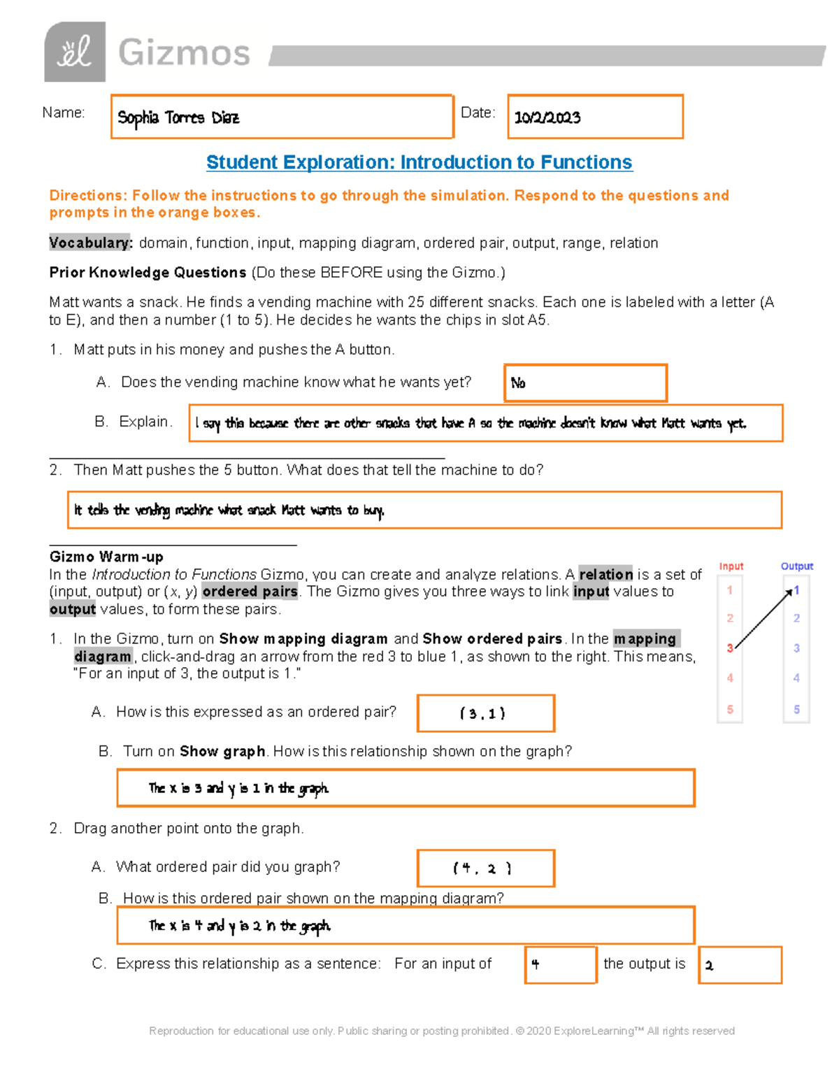 Gizmos - Introduction to Functions - Name: Sophia Torres Diaz Date: 10/2/ Student Exploration ...