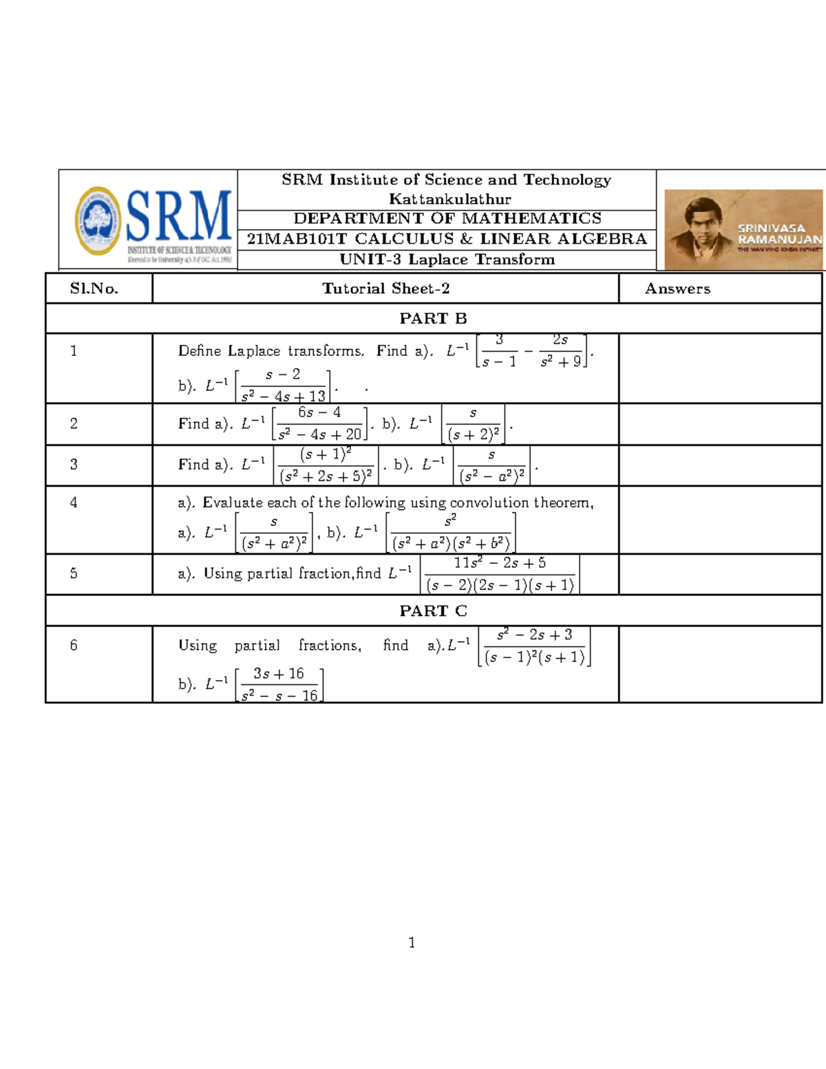 Tutorial sheet 2 - SRM Institute of Science and Technology ...