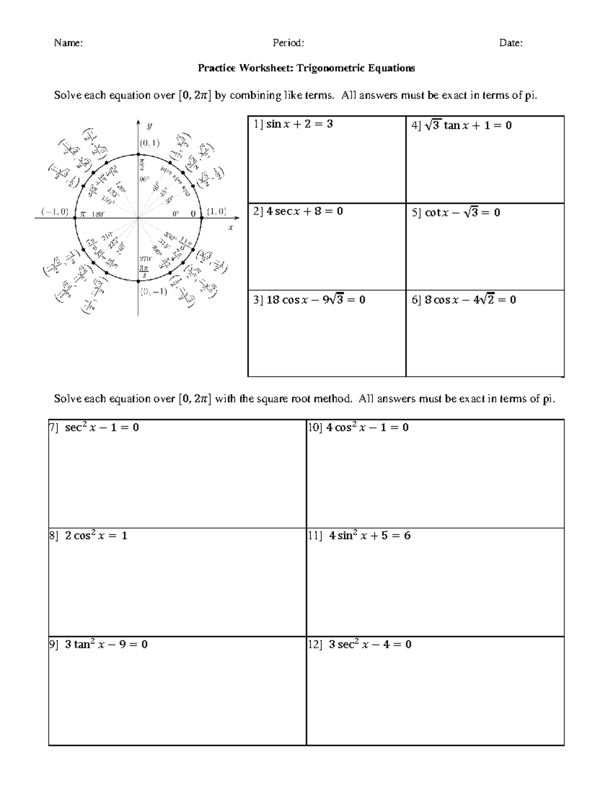Nutley high school solving trig equations worksheet - Name: Period ...
