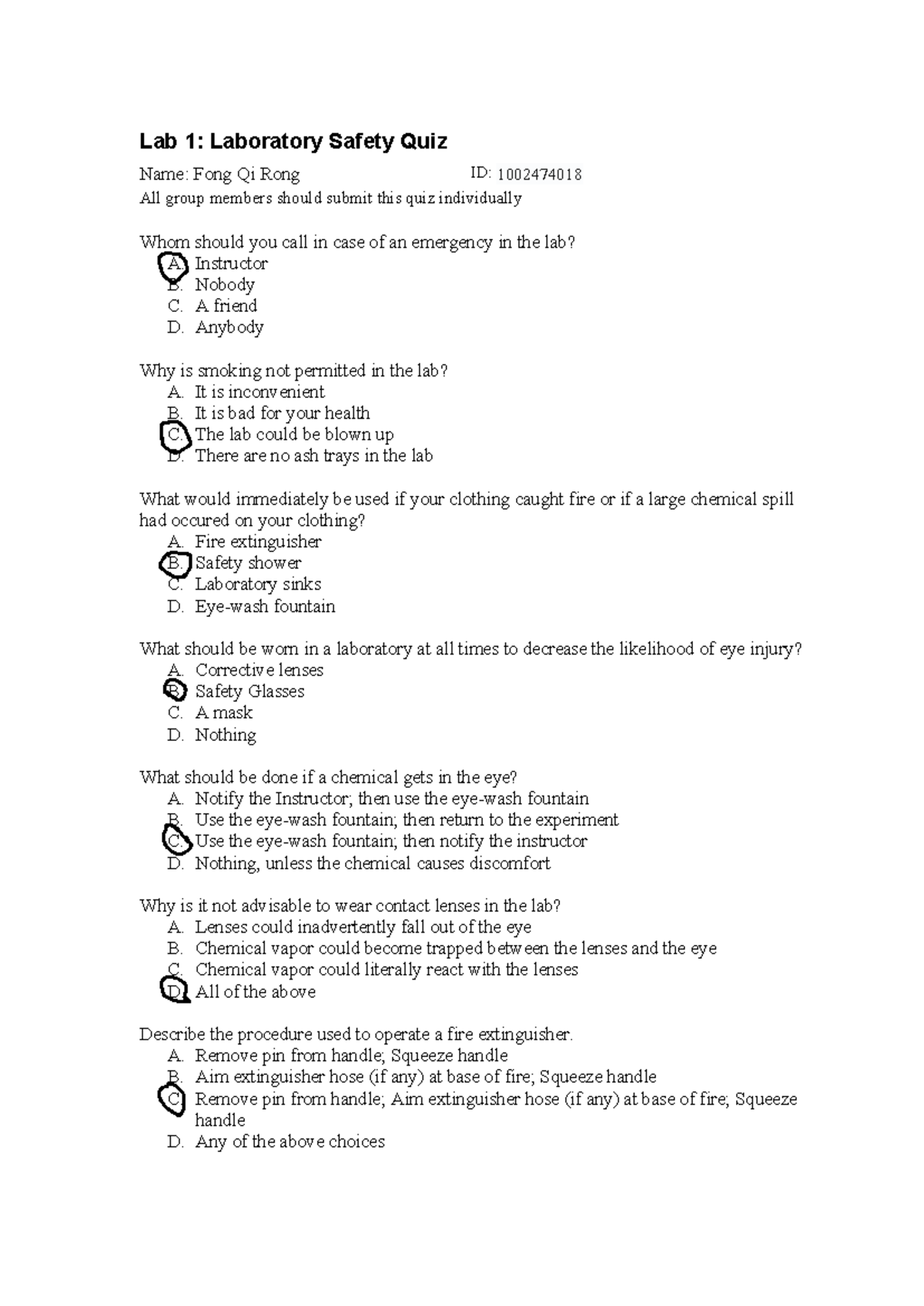 Lab 1- Laboratory Safety Quiz - Lab 1: Laboratory Safety Quiz Name ...