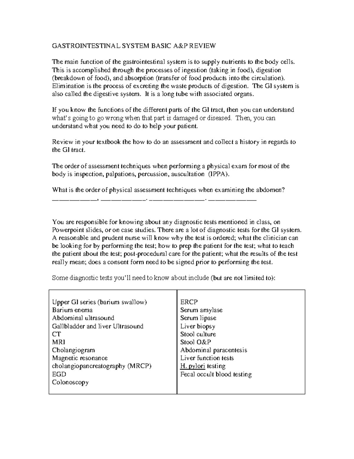 GI system A and P review handout - GASTROINTESTINAL SYSTEM BASIC A&P ...