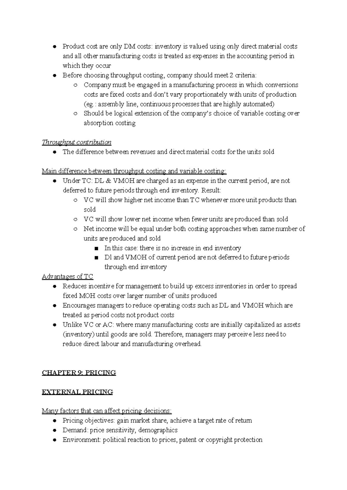 COMM 305 chapter 9 - Product cost are only DM costs: inventory is ...