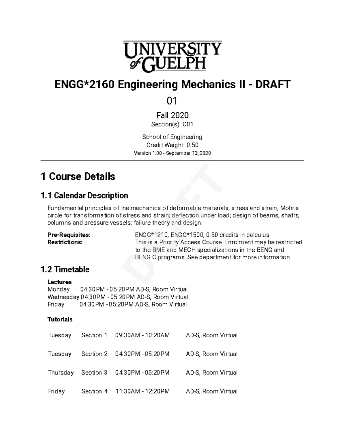 Engineering Mechanics II - Version 1 - September 13, 2020 1 Course ...