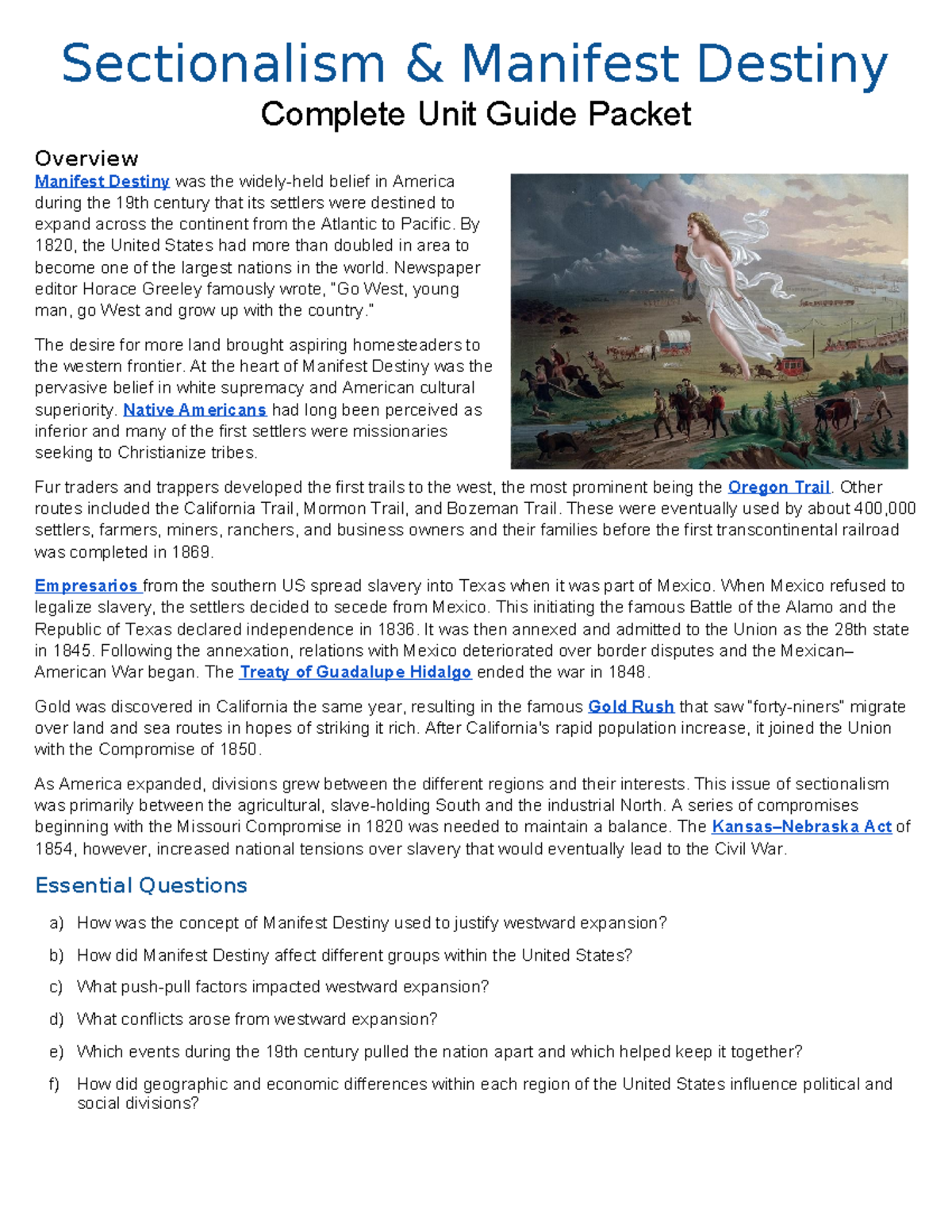 Manifest Destiny and Sectionalism Unit Packet Student Handout Timeline ...