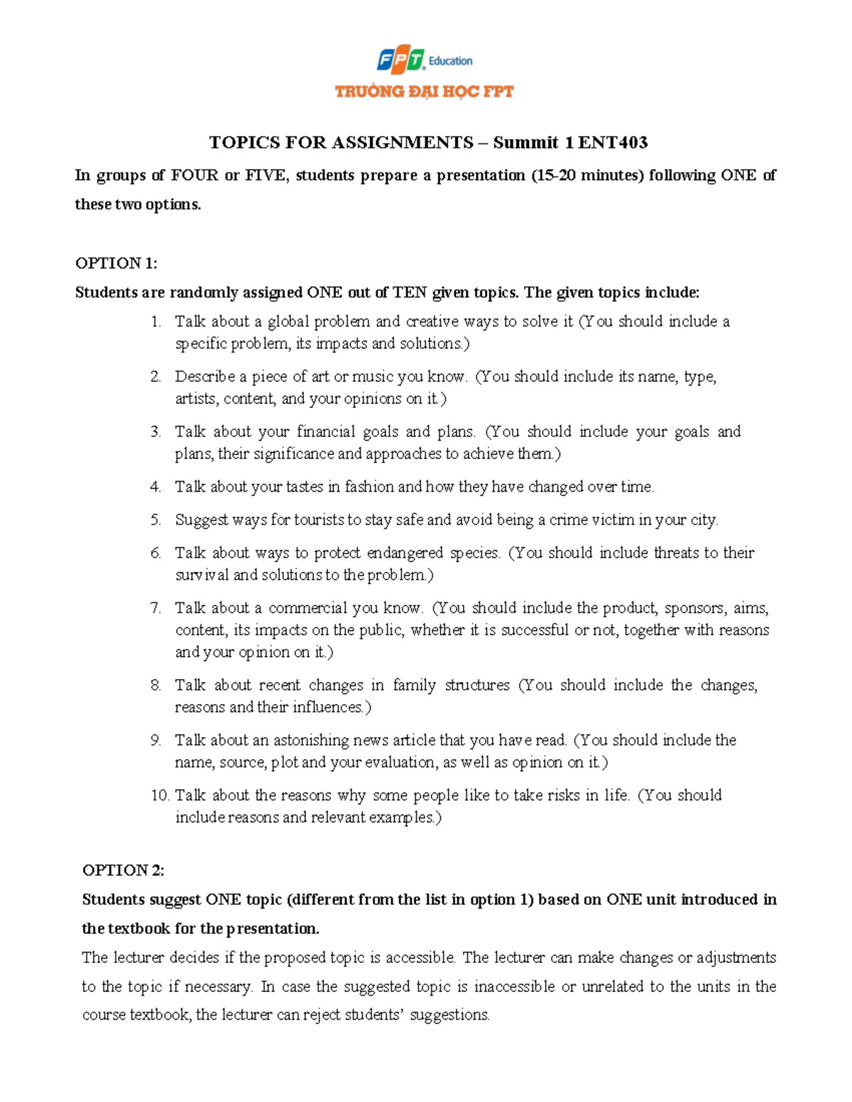 ENT403 Topics for presentation Assignment 2 - TOPICS FOR ASSIGNMENTS ...