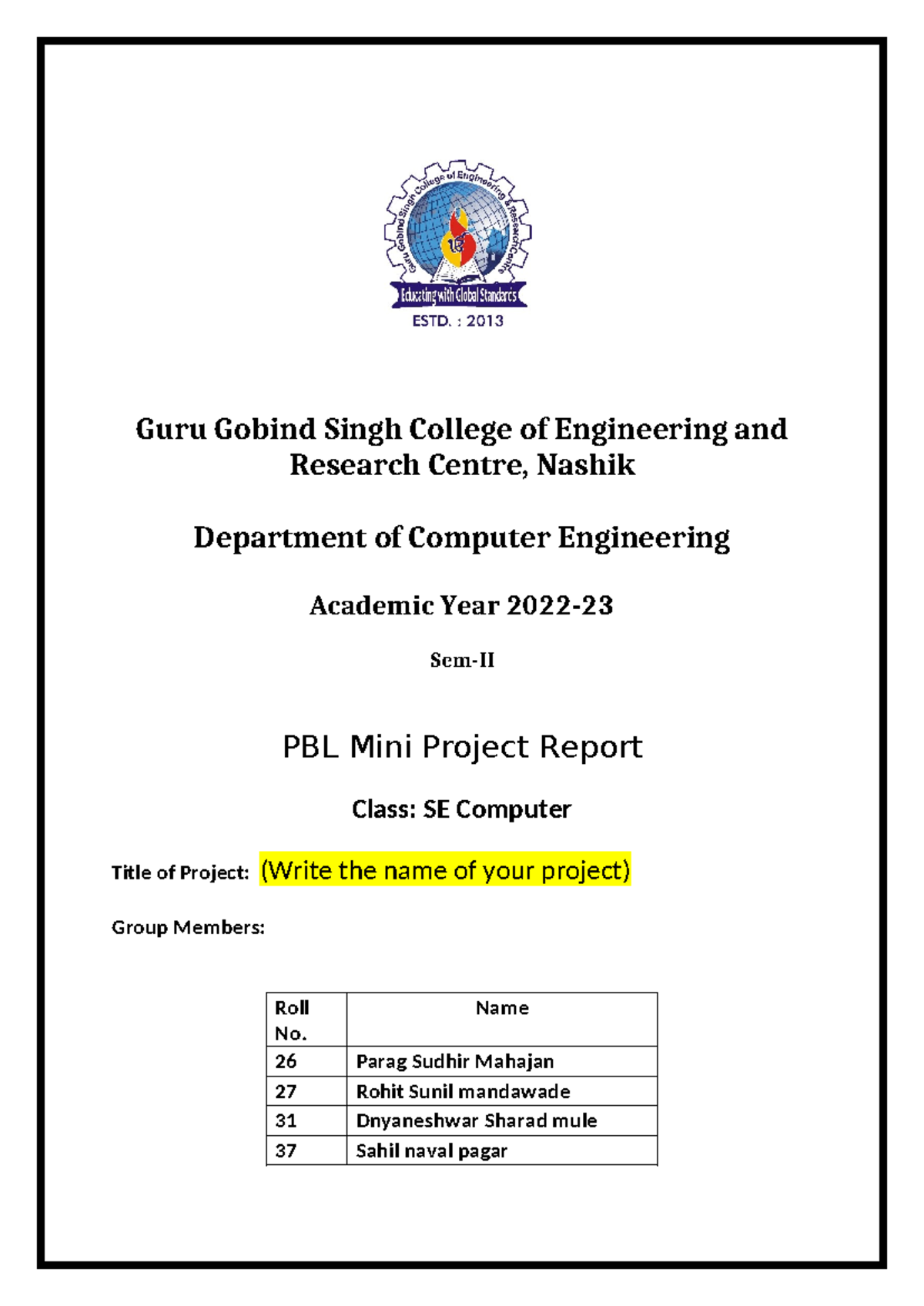 PBL-II Report Template - Guru Gobind Singh College of Engineering and ...