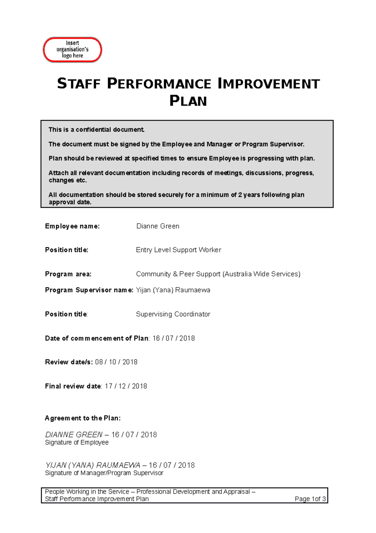Staff Performance Improvement Plan (Completed Template) - STAFF ...