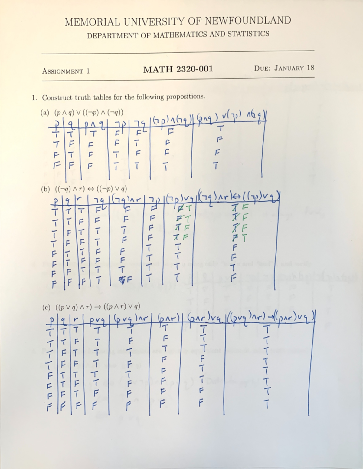 Math 2320 assn1 sol - Assignment 1 solutions - MEMORIAL UNIVERSITY OF ...