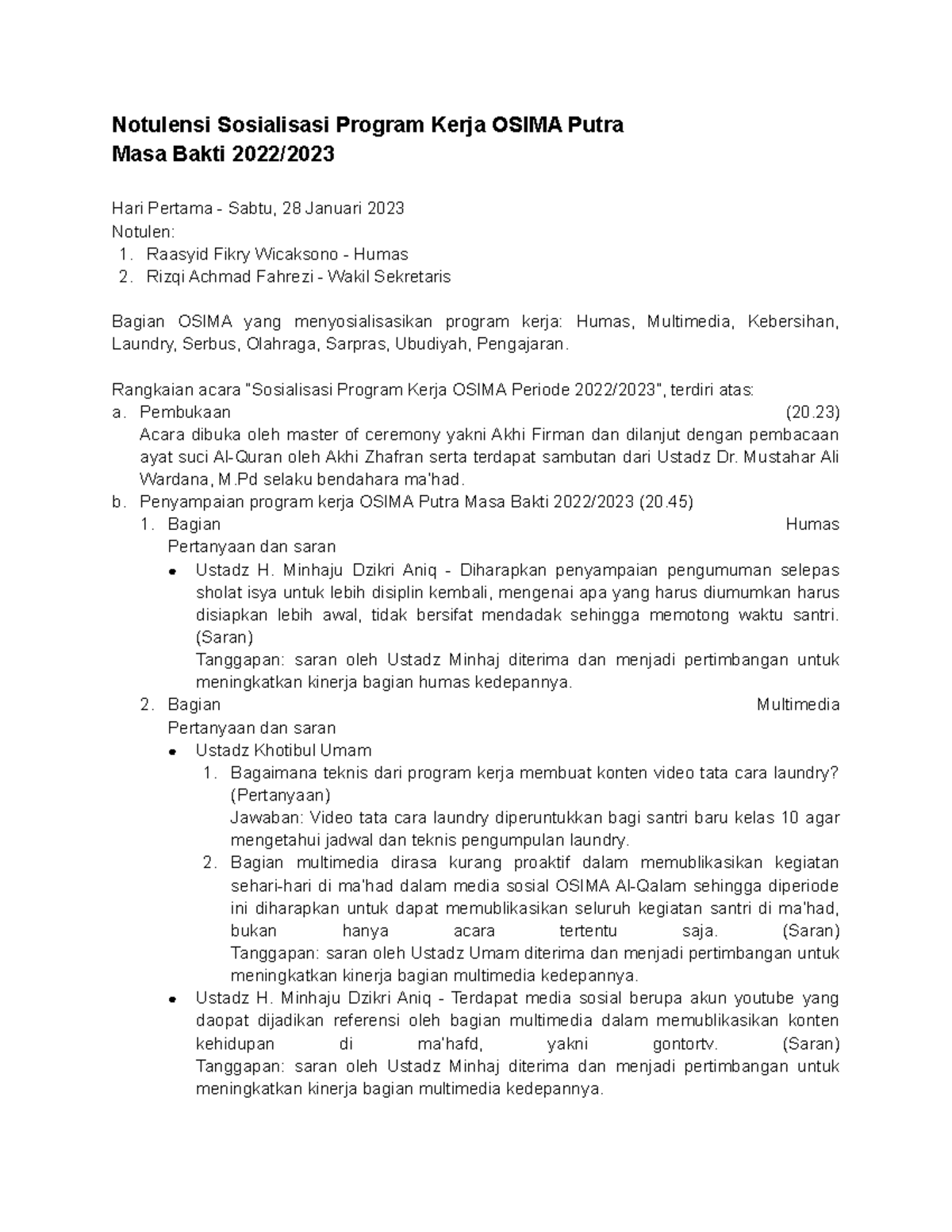 Template Notulensi osis - Notulensi Sosialisasi Program Kerja OSIMA ...