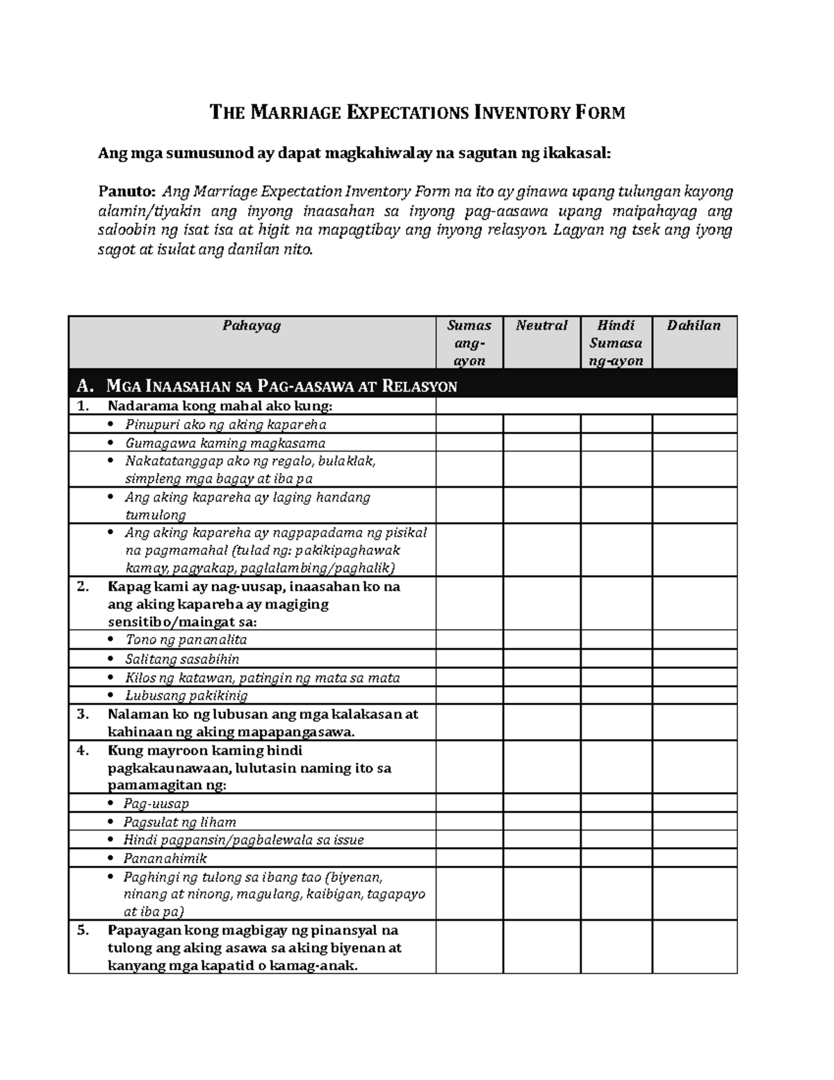 The Marriage Expectations Inventory Form (1) - THE MARRIAGE ...