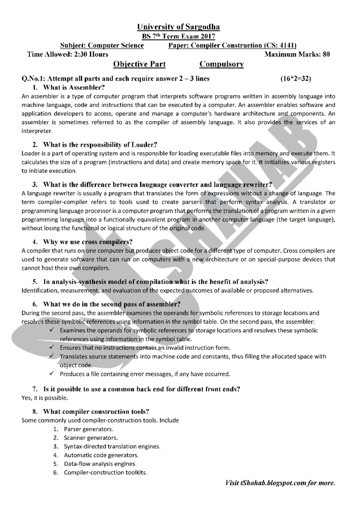 CC CS 2017 - BS 7th Term Exam Paper - compiler construction - Studocu