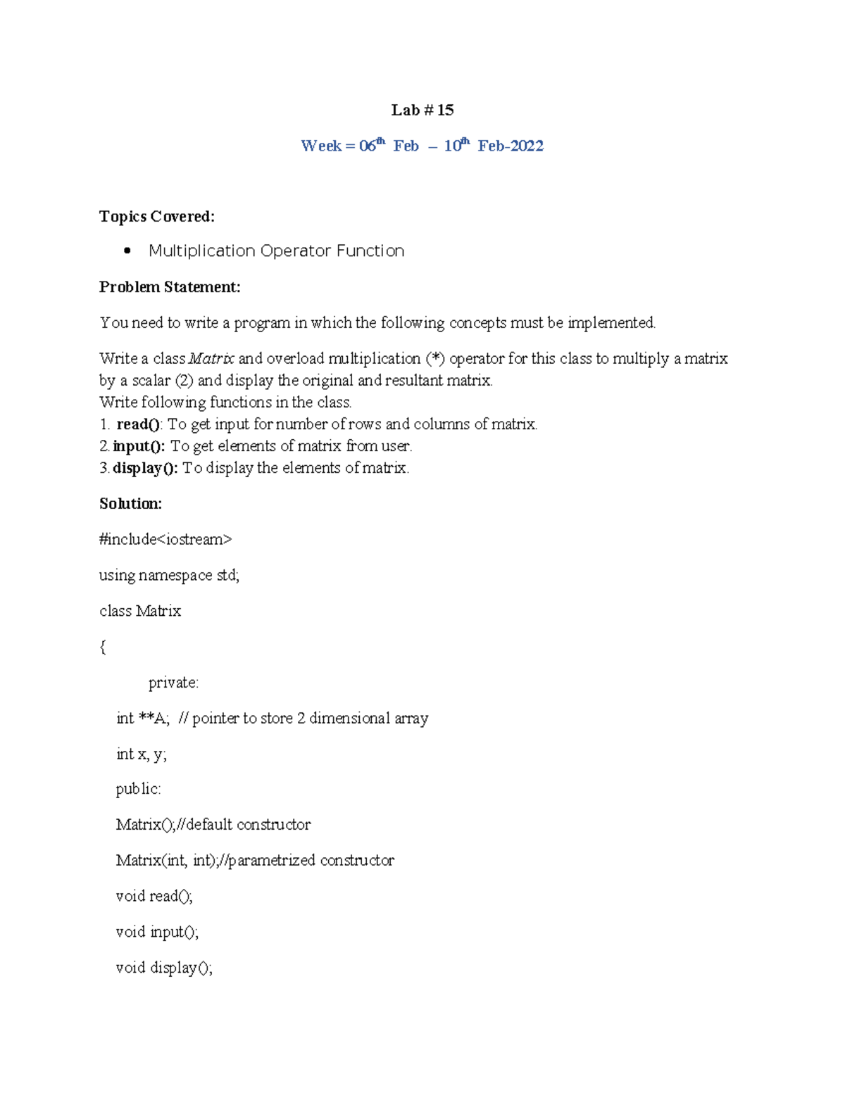 Cs201p Practical Material Lab 15 Week 06th Feb 10th Feb Topics Covered