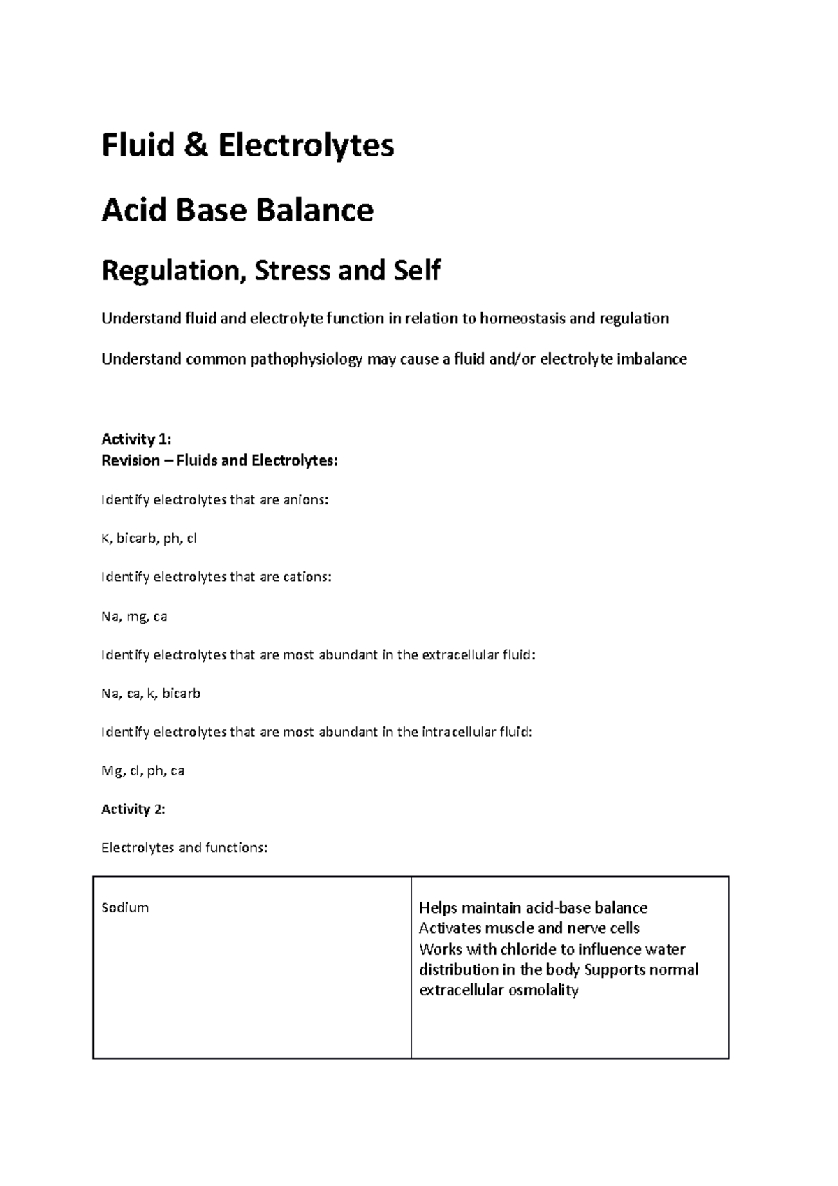 Fluid and electrolytes workbook - Fluid & Electrolytes Acid Base ...
