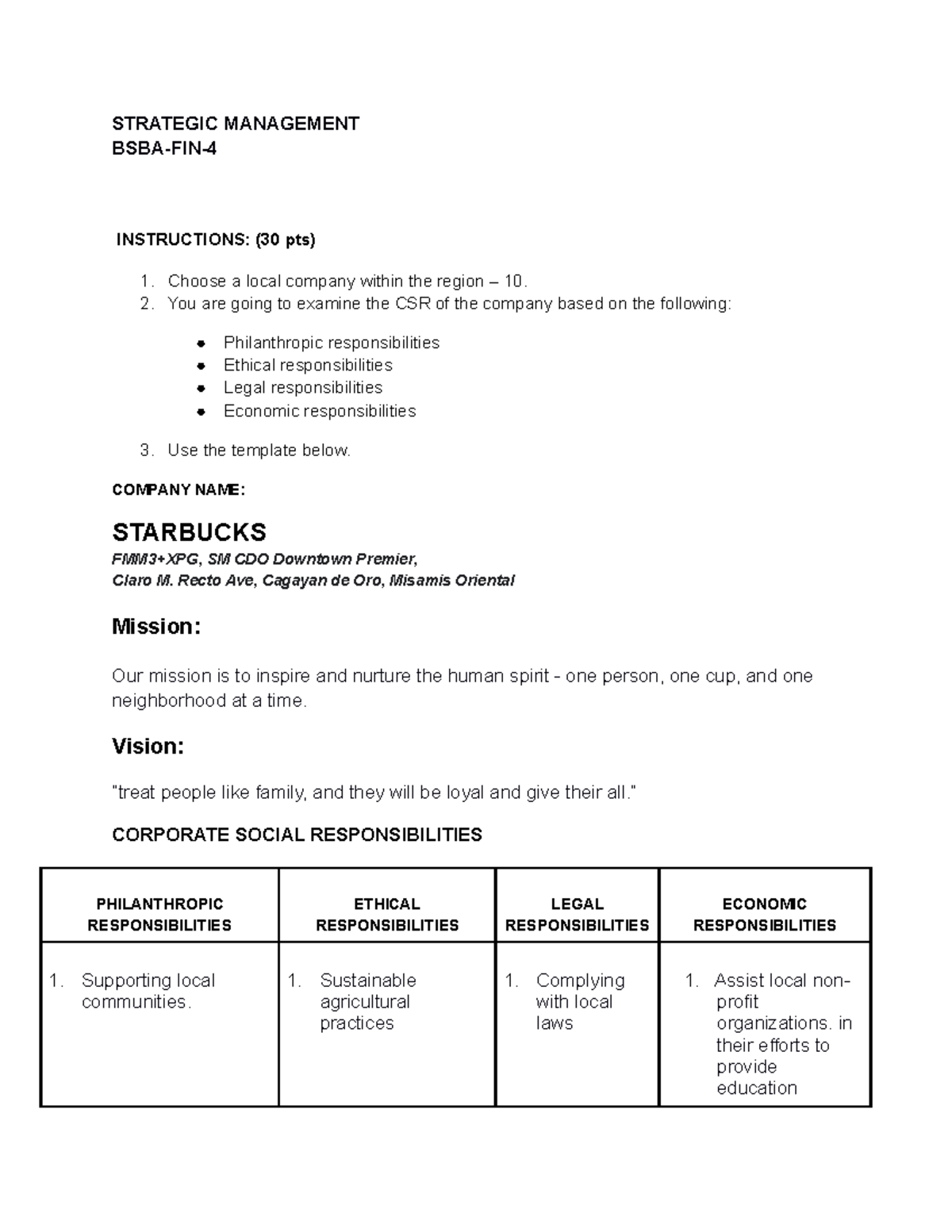 Corporate Social Responsibility Activity - STRATEGIC MANAGEMENT BSBA ...