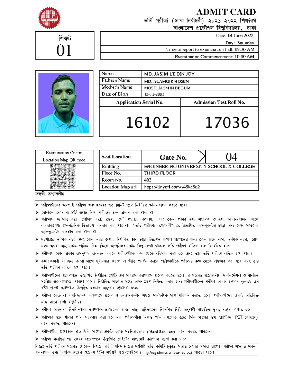 BUET Admit - practice buet - ADMIT CARD ( - ) - - Studocu