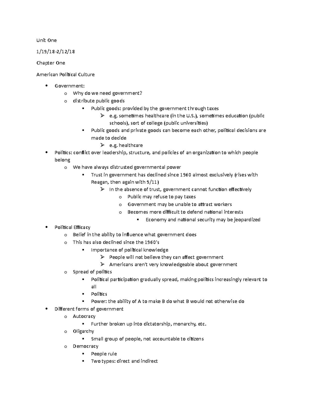 Unit 1 Notes - Unit One 1/19/18-2/12/ Chapter One American Political ...