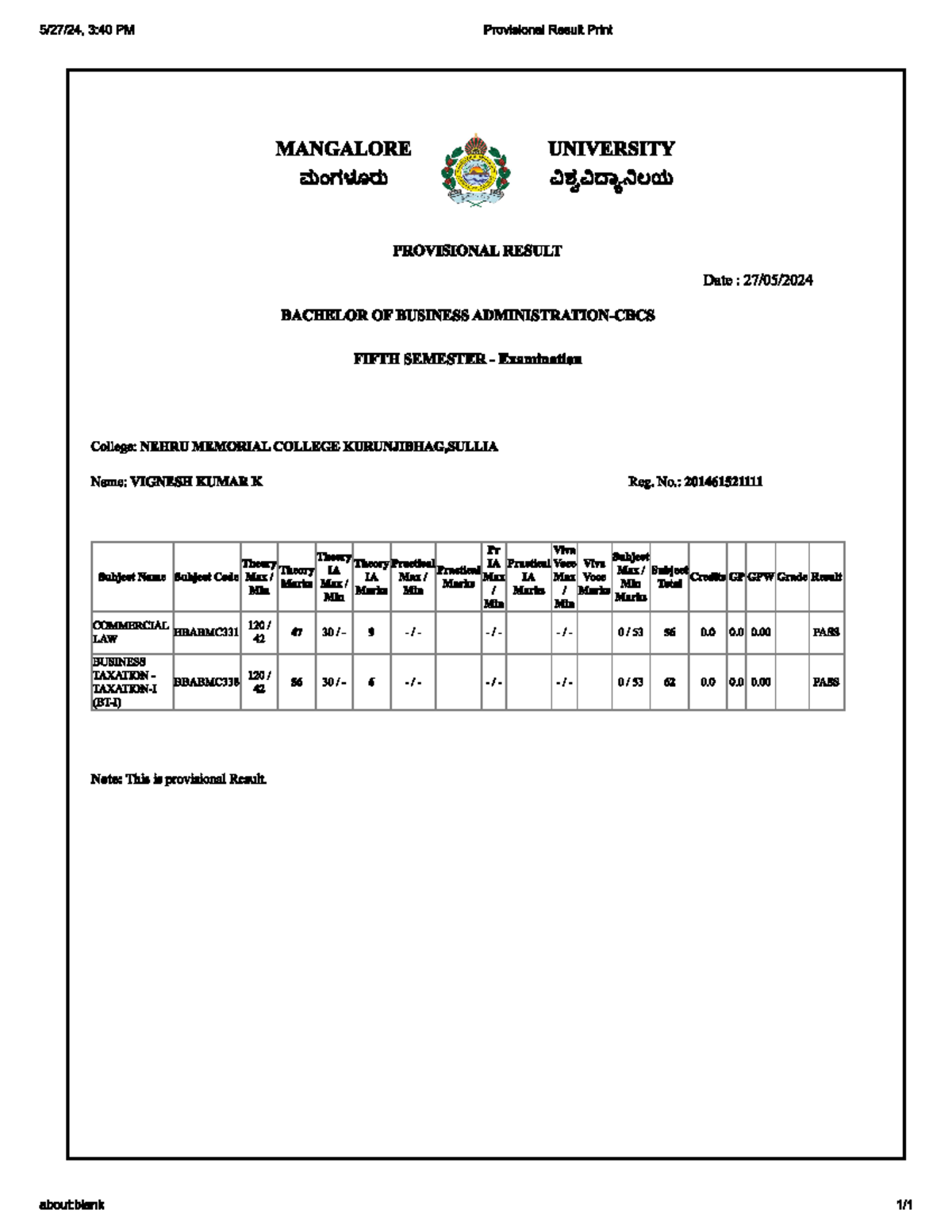 5th sem - 3:40 PM Provisional Result Print MANGALORE UNIVERSITY ...