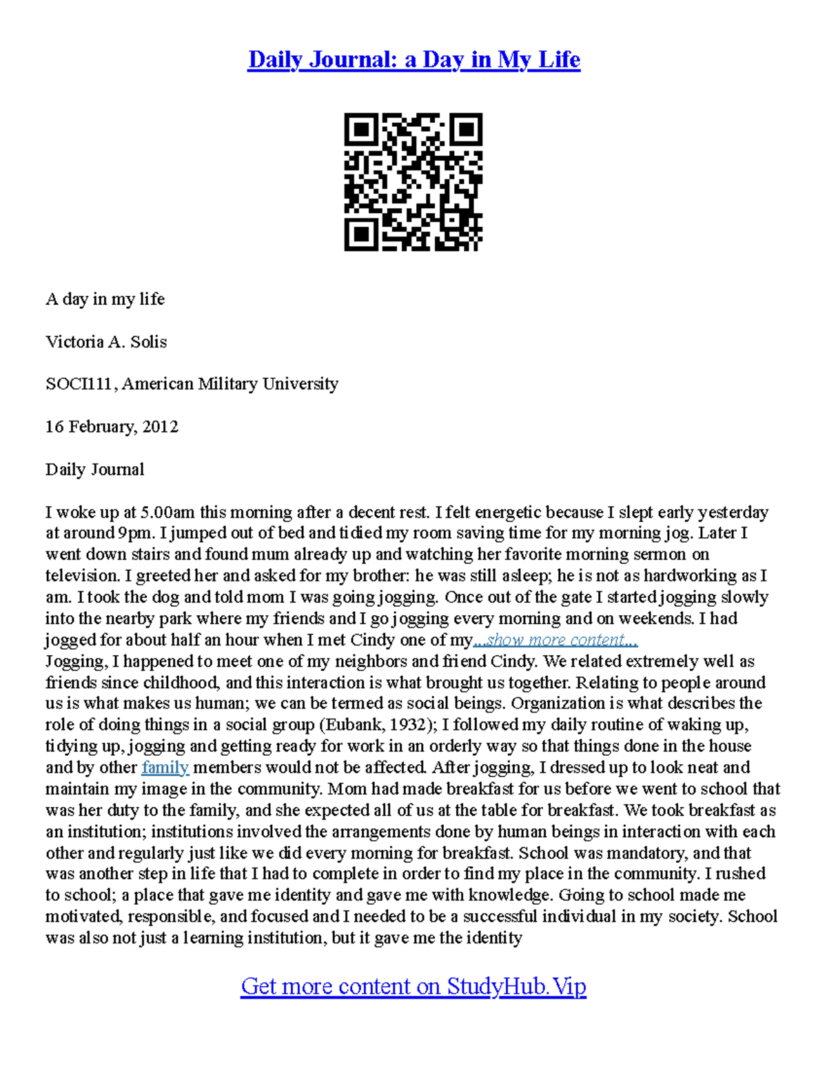 Journal Essay Journal Essay - Daily Journal: a Day in My Life A day in ...