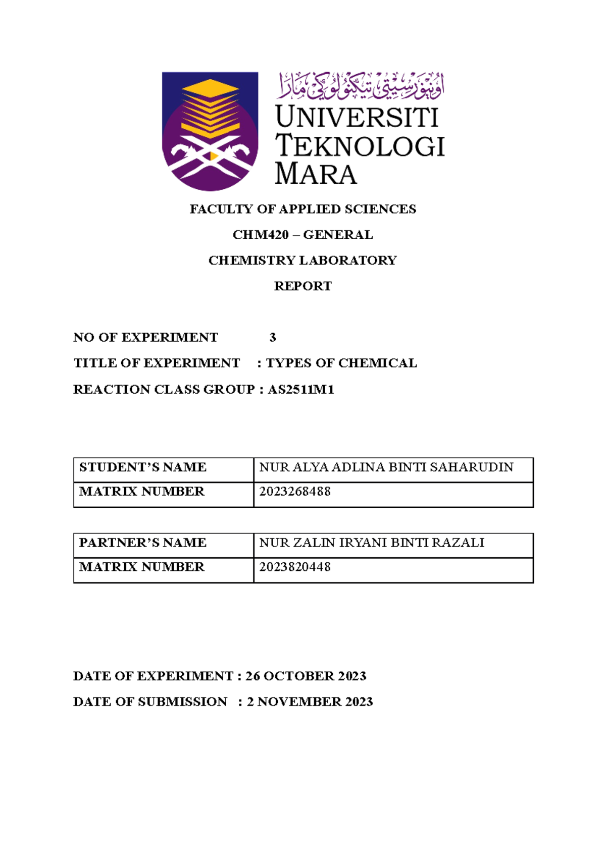 Chemist exp 1 - exp 4 - FACULTY OF APPLIED SCIENCES CHM420 – GENERAL ...