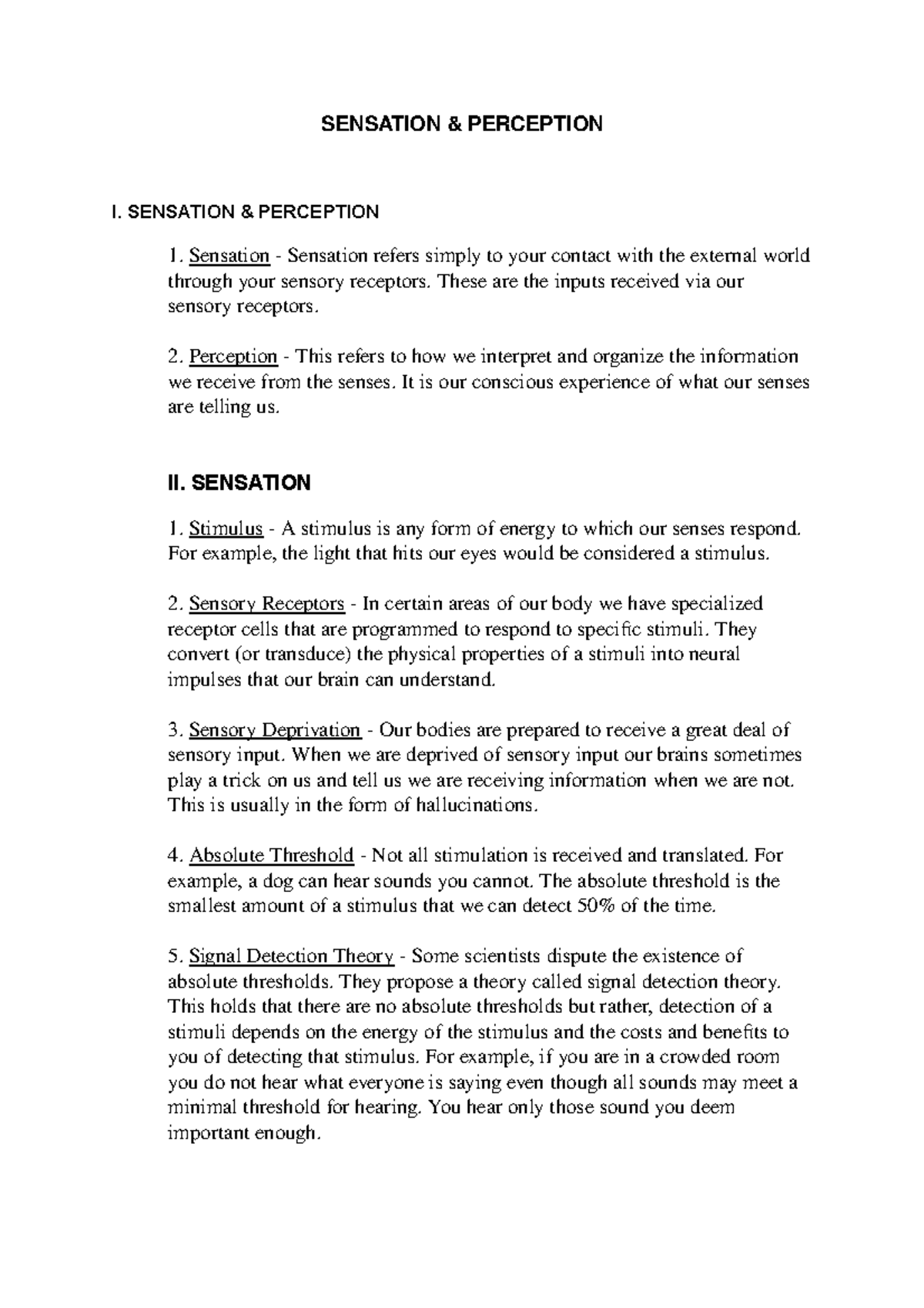 Sensation lecture notes - SENSATION &amp; PERCEPTION I. SENSATION &amp ...