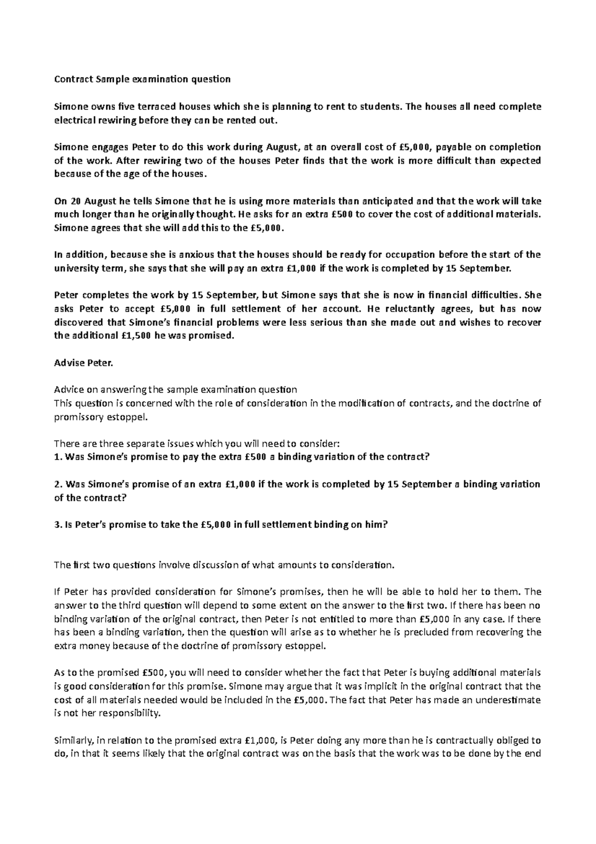 Exam 2017, questions and answers - Contract Sample examination question ...