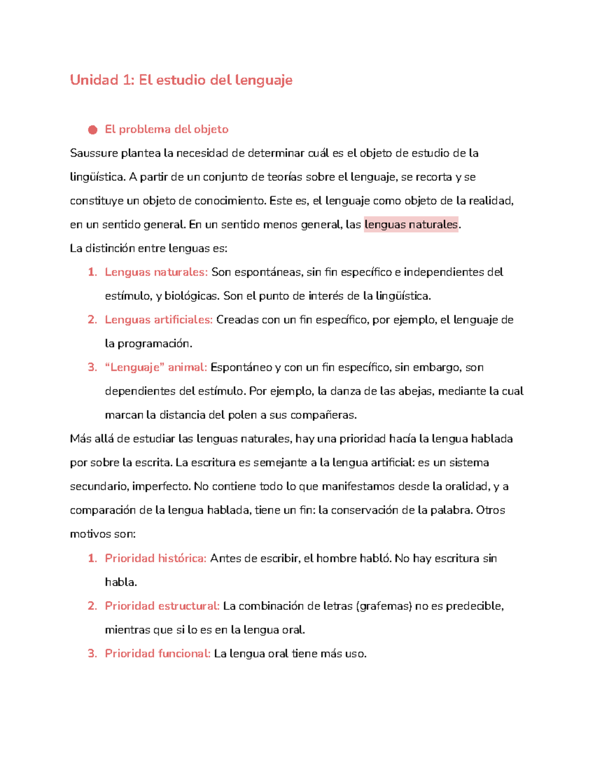 Ielc final resumen - Unidad 1: El estudio del lenguaje El problema del objeto Saussure plantea ...