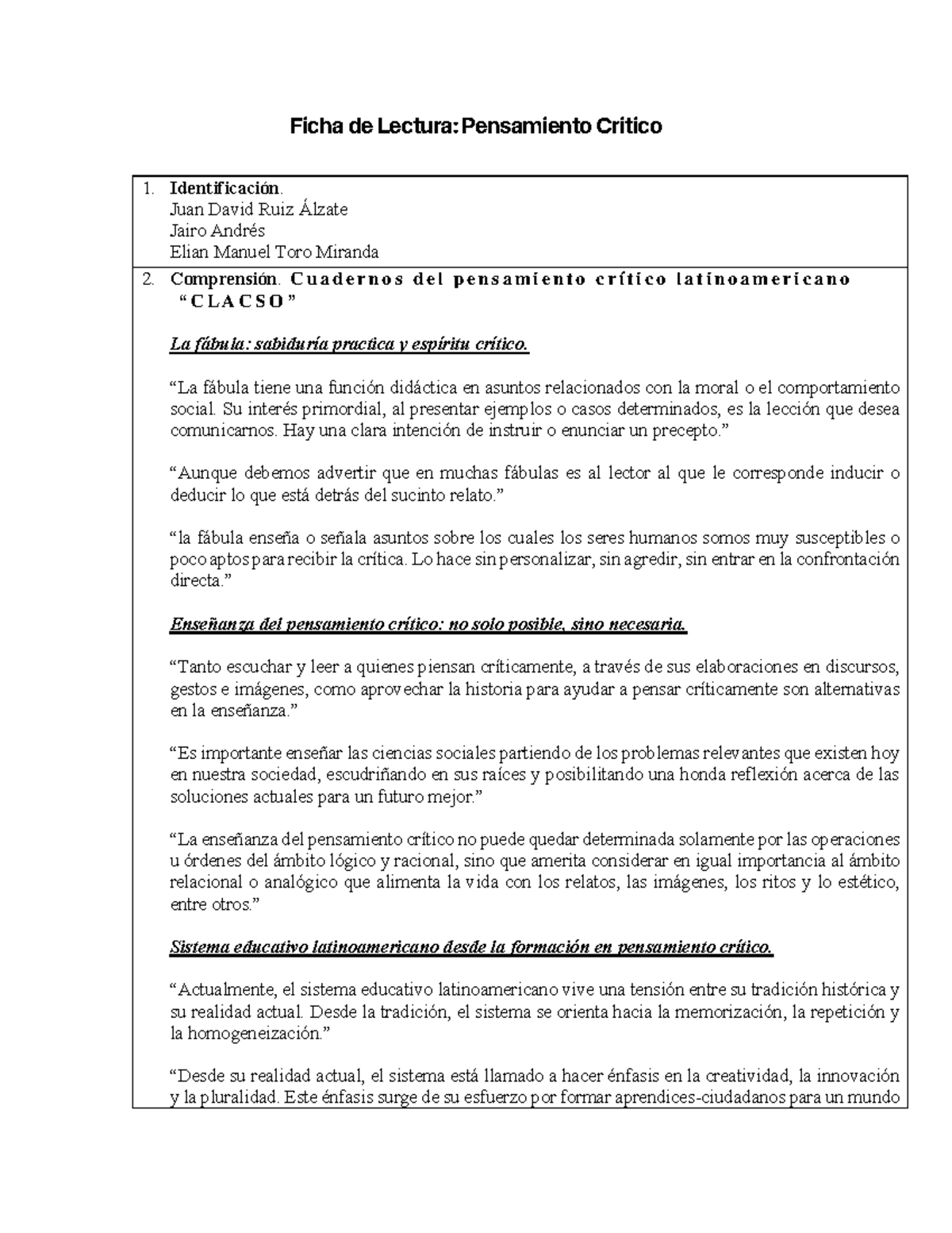 Ficha De Lectura - Pensamiento Critico - Identificación. Juan David ...