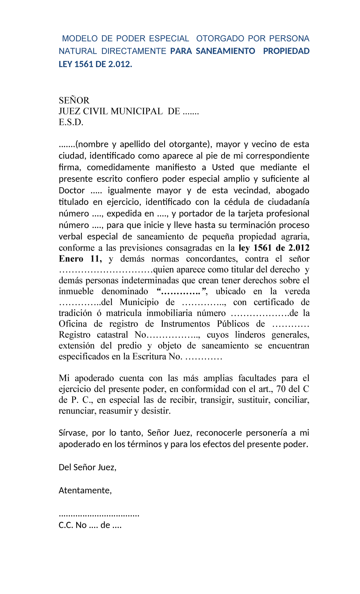 poder especial - MODELO DE PODER ESPECIAL OTORGADO POR PERSONA NATURAL ...