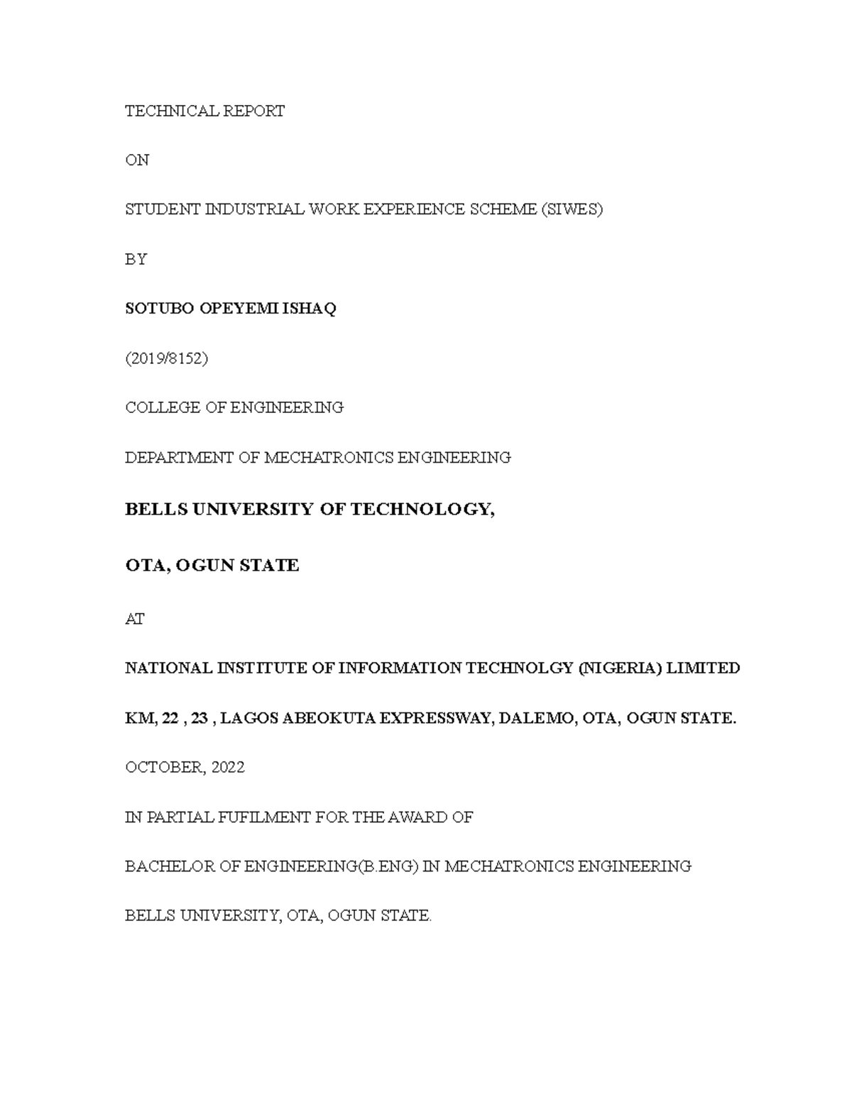 Technical Report(SHO) - TECHNICAL REPORT ON STUDENT INDUSTRIAL WORK ...