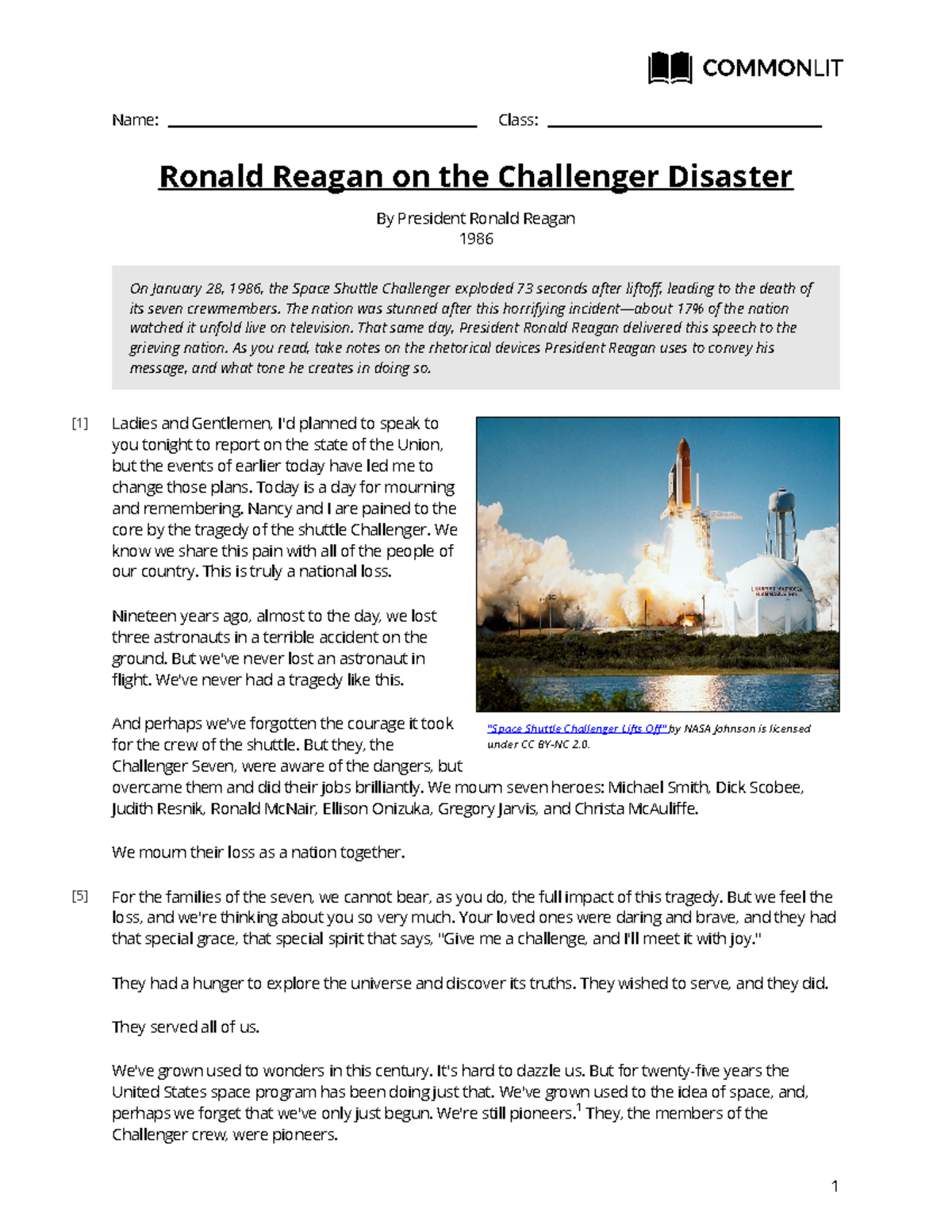 Ronald Reagan on the Challenger Disaster-teacher - Name: Class: "Space ...