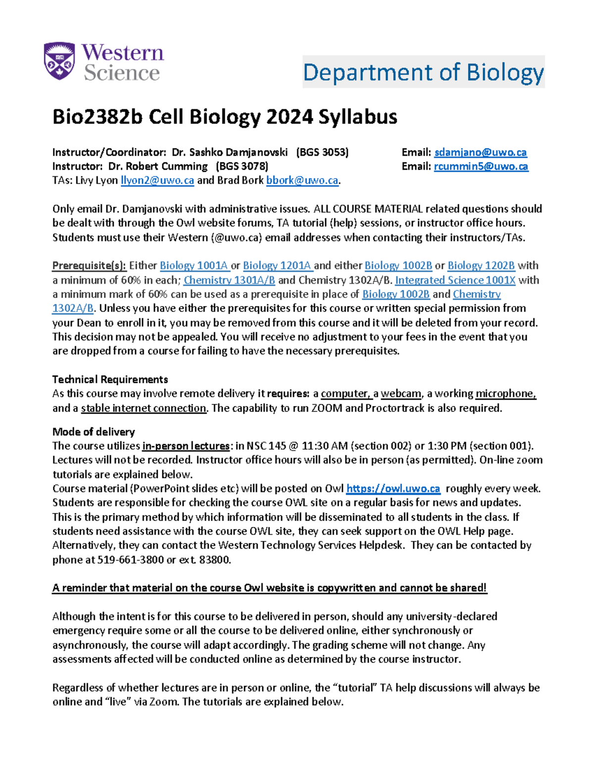 Biology HL Notes - Department of Biology Bio2382b Cell Biology 202 4 ...