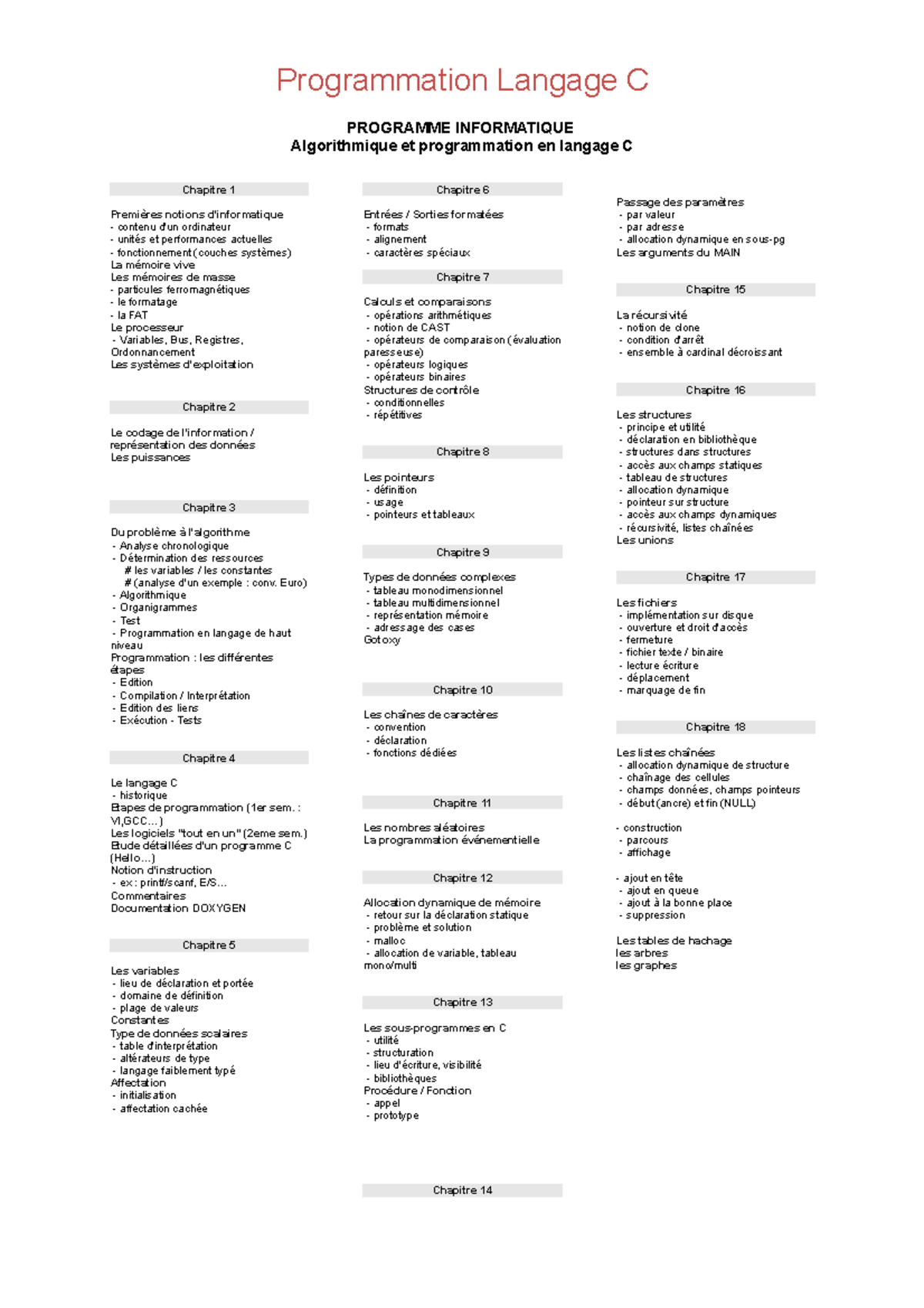 Programmation langage C - Programmation Langage C PROGRAMME INFORMATIQUE Algorithmique et - Studocu