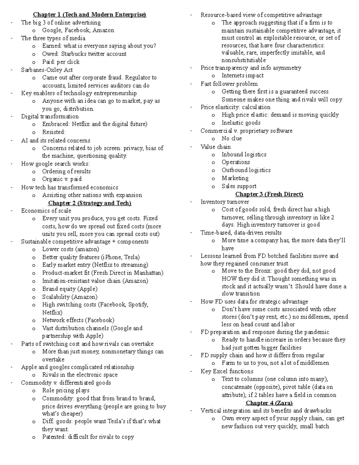 Management test 1 sheet - Chapter 1 (Tech and Modern Enterprise) The ...